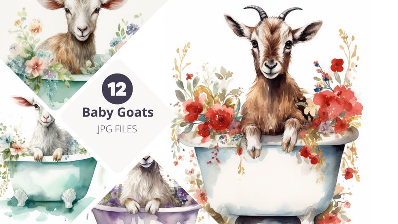 Baby Goat in Tub, Set of 12 Watercolor Cute Baby Goats in Clawfoot Tub ...