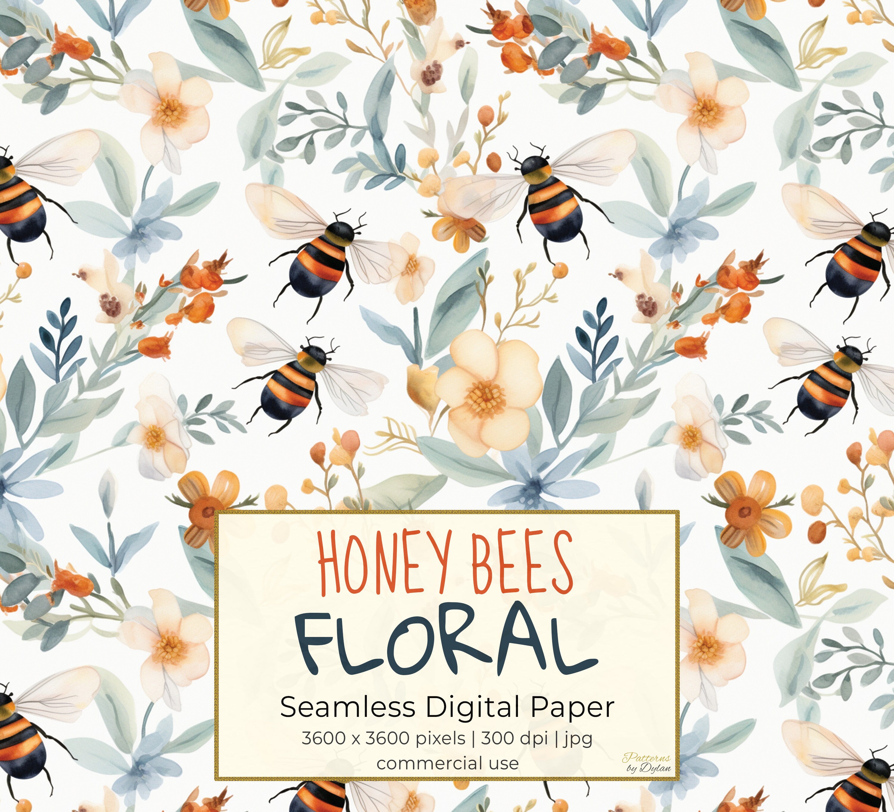 HONEY BEES FLORAL, Bumble Bees Seamless Repeat Pattern for Backgrounds ...