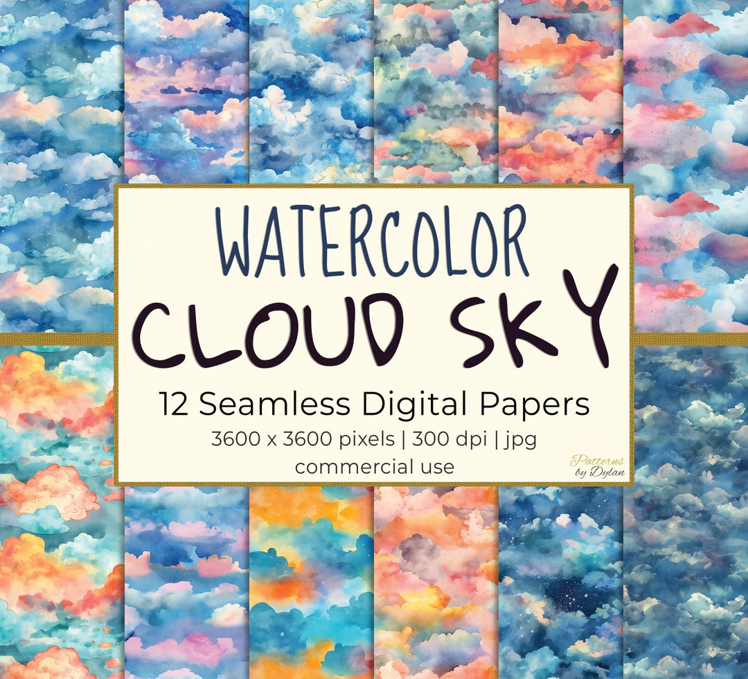 WATERCOLOR CLOUD SKY, Dreamy Pastel Skies, Digital Paper Bundle ...
