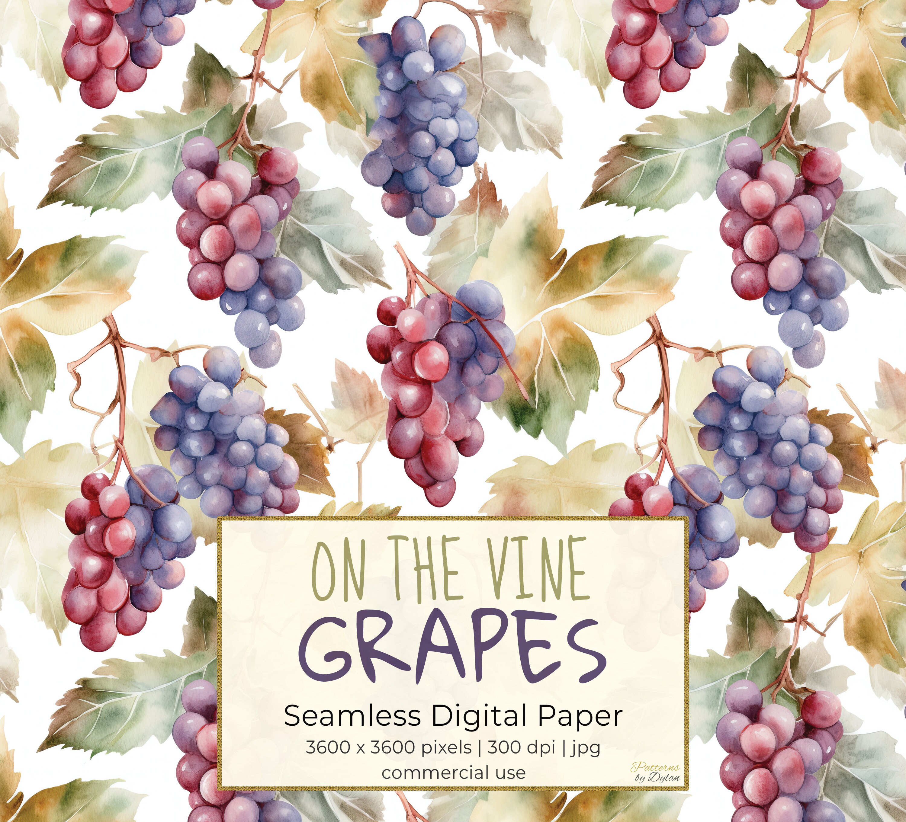 WATERCOLOR VINE GRAPES Digital Paper, Fruit Seamless Patterns ...