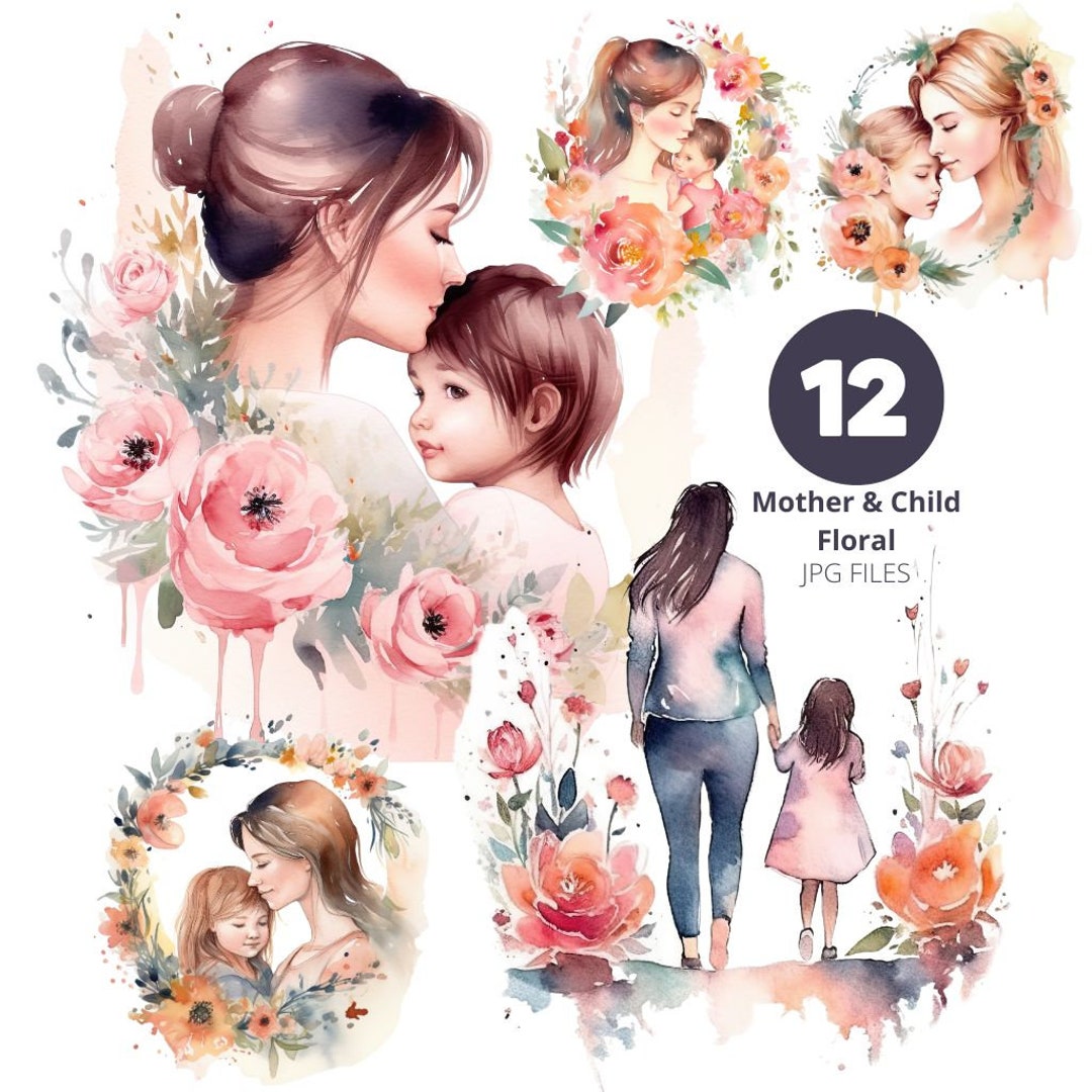 Mother and Child Floral Watercolor Illustrations Bundle, Set of 12 ...
