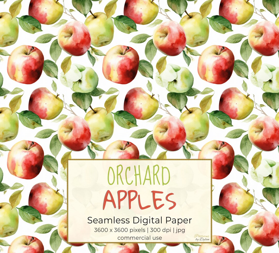ORCHARD APPLES Digital Paper, Watercolor Fruit Seamless Patterns ...