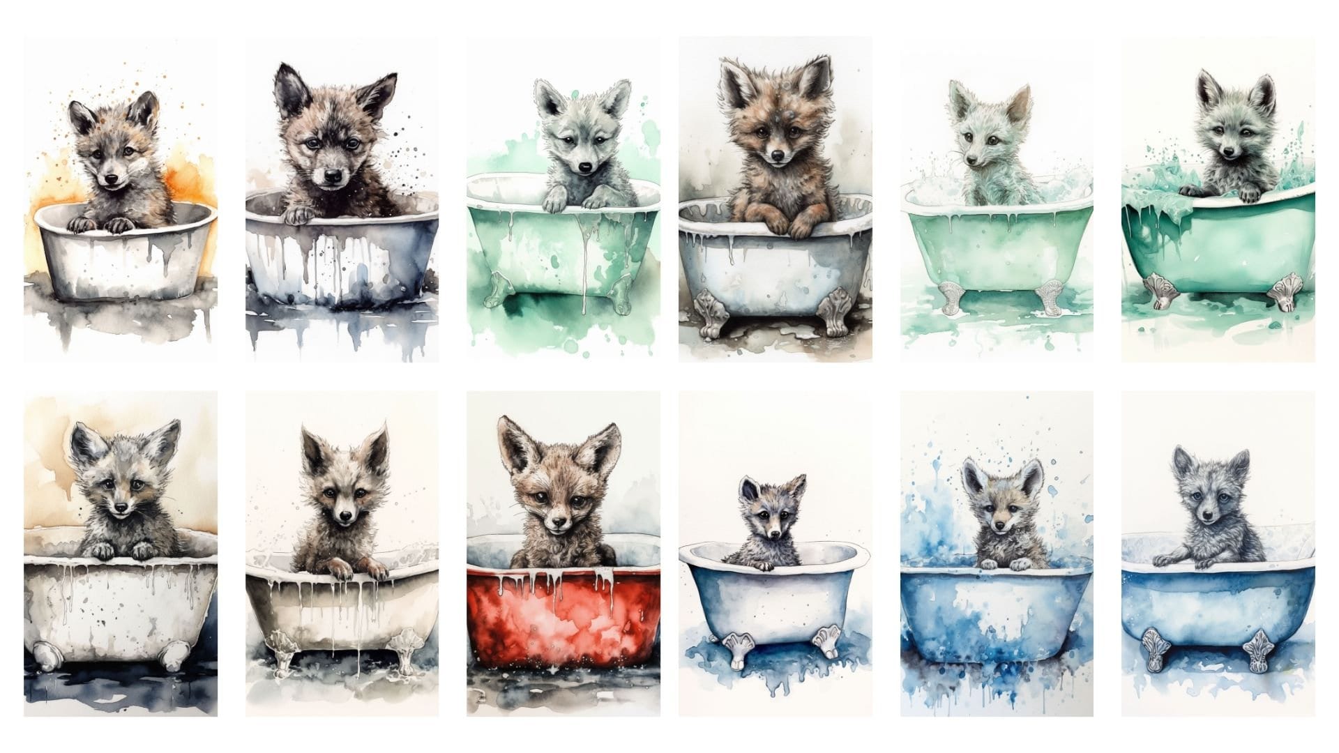 Wolf Cubs in a Tub, Set of 12 Watercolor Cute Baby Wolves in Clawfoot ...