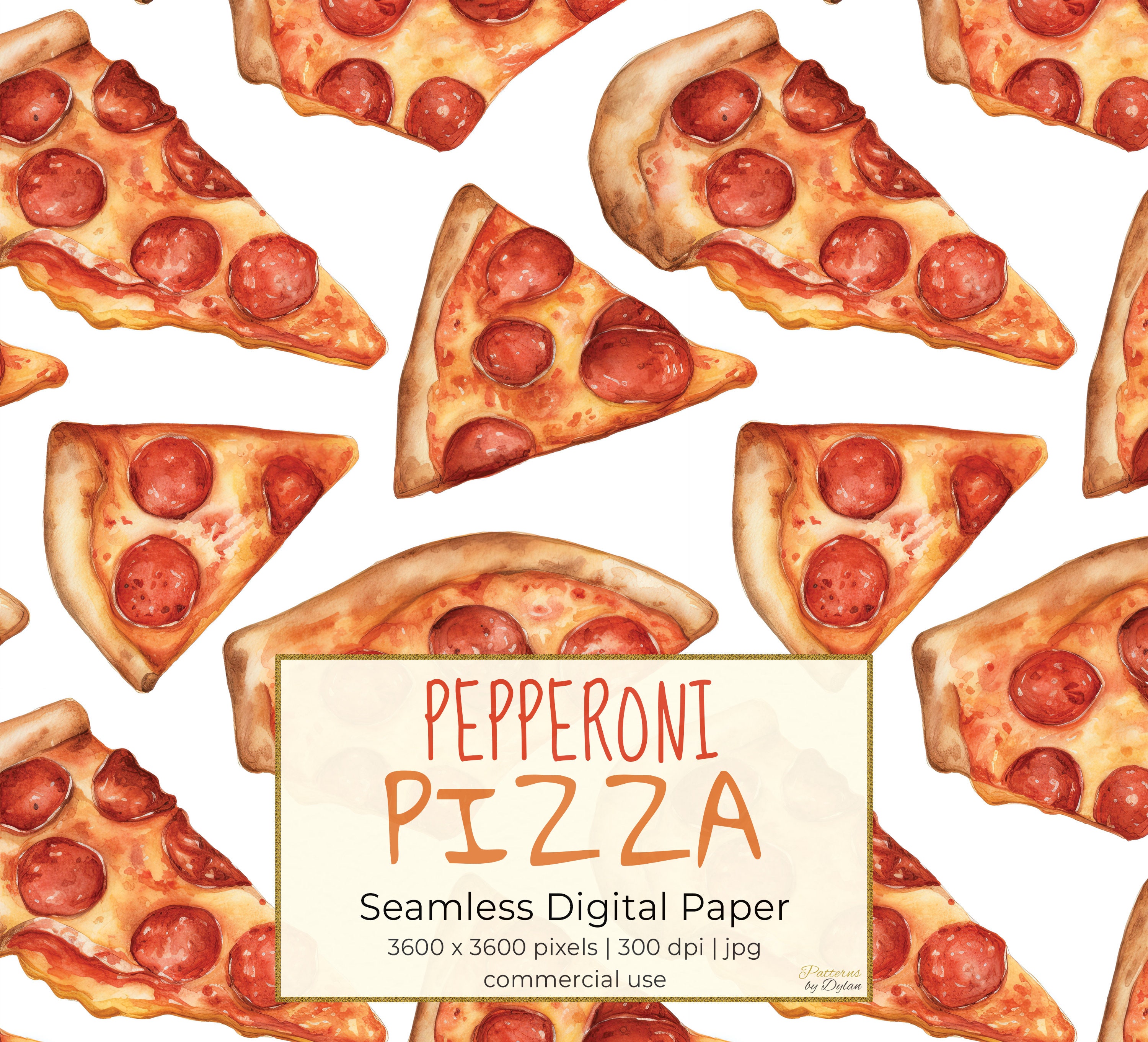 PEPPERONI PIZZA, Pizza Slices Watercolor Seamless Repeat Pattern for ...