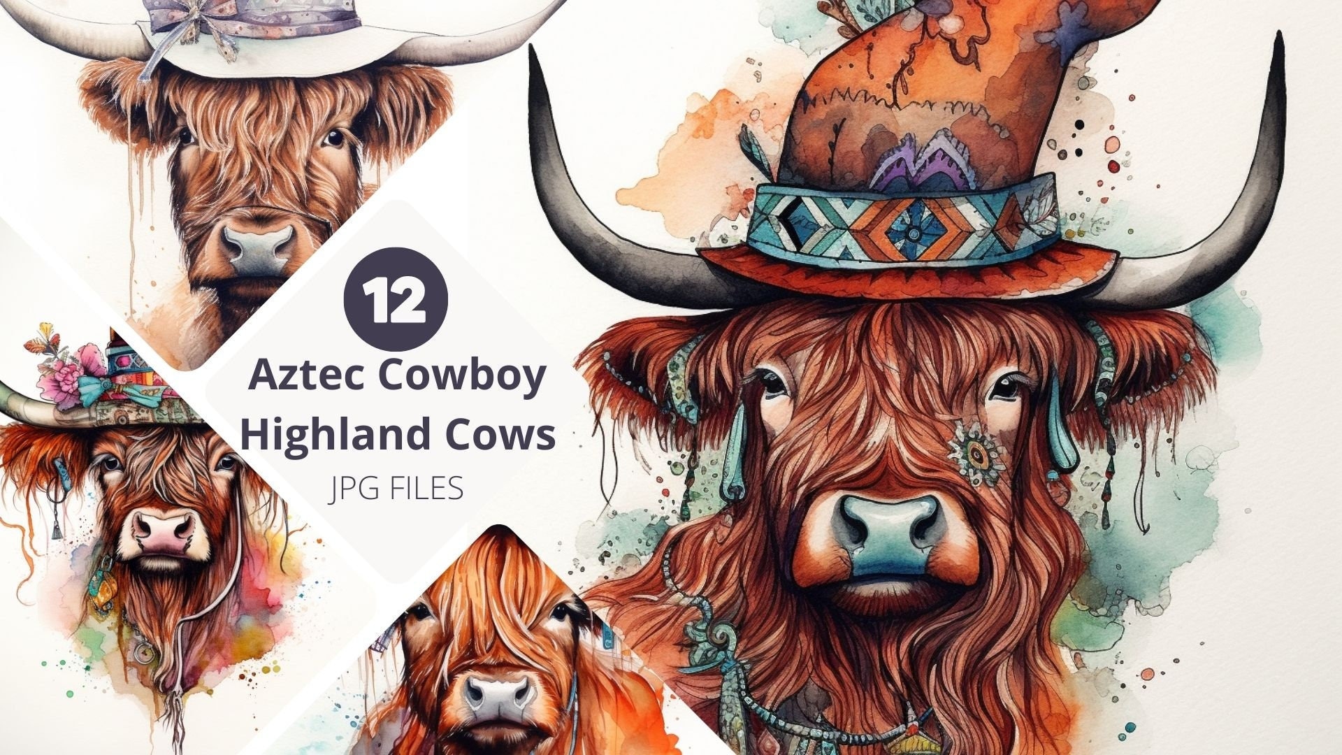 Aztec Cowboy Highland Cows, Set of 12 Watercolor Cute Highland Cows in ...