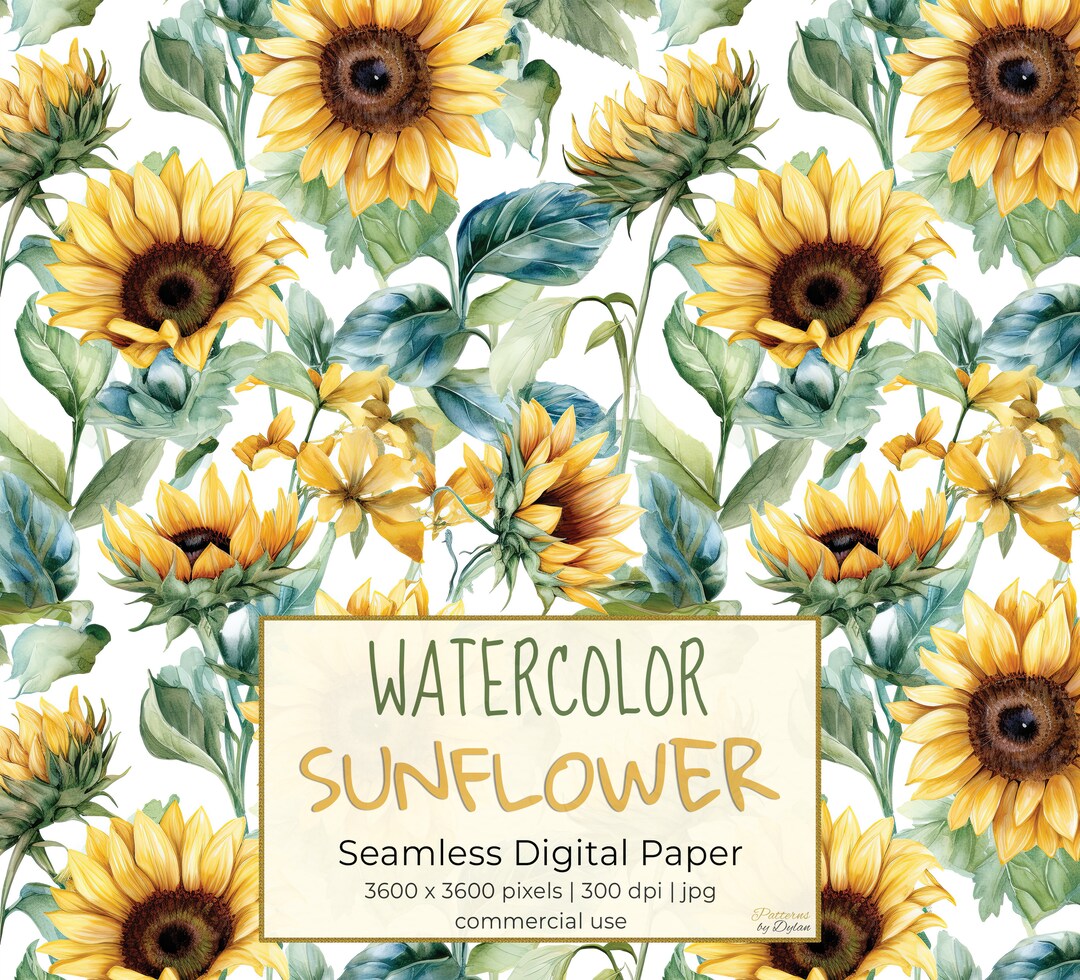 SUNFLOWERS WATERCOLOR, Floral Seamless Repeat Pattern for Backgrounds ...