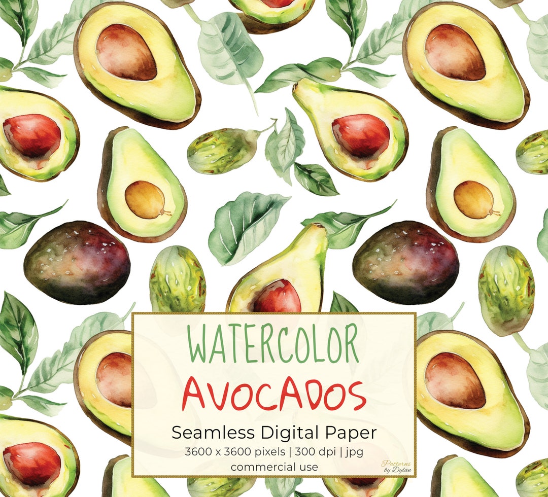 WATERCOLOR AVOCADOS Digital Paper, Fruit Seamless Patterns, Printable ...