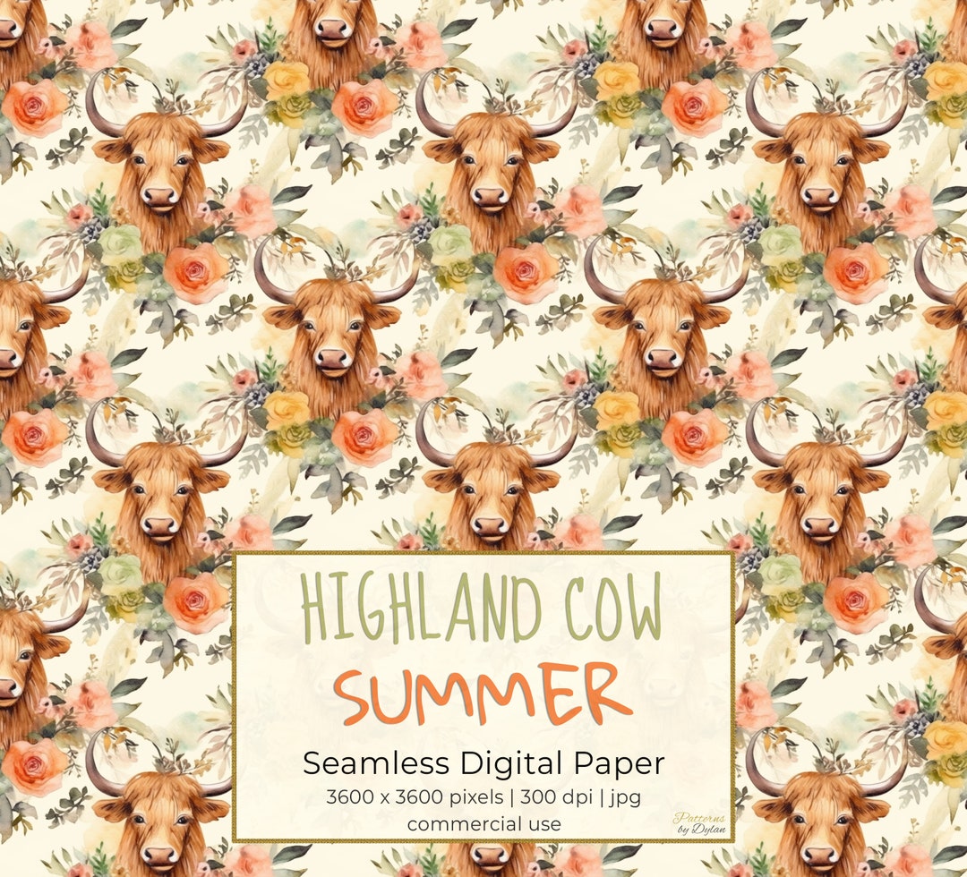HIGHLAND COW SUMMER Floral, Longhorn Cattle Seamless Repeat Pattern for ...
