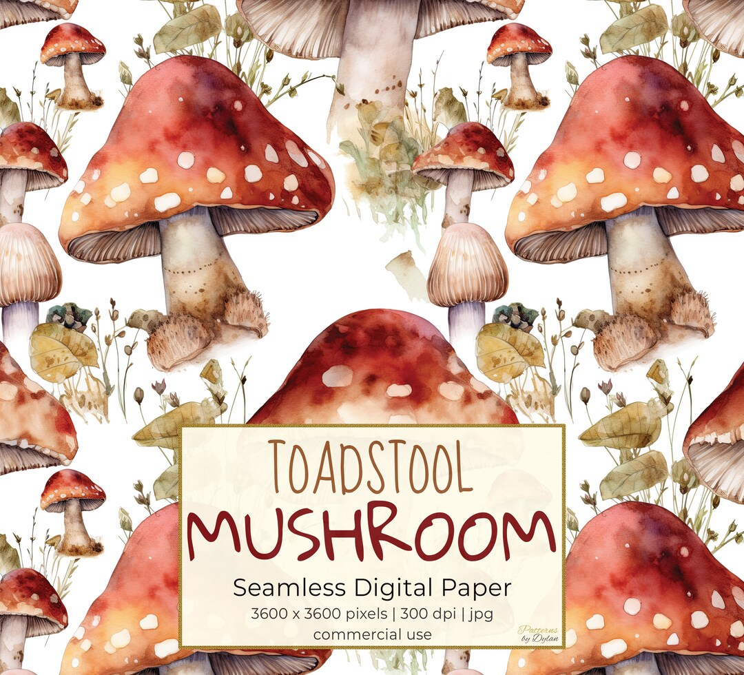 TOADSTOOL MUSHROOM Digital Paper, Watercolor Mushrooms Fungi Seamless ...