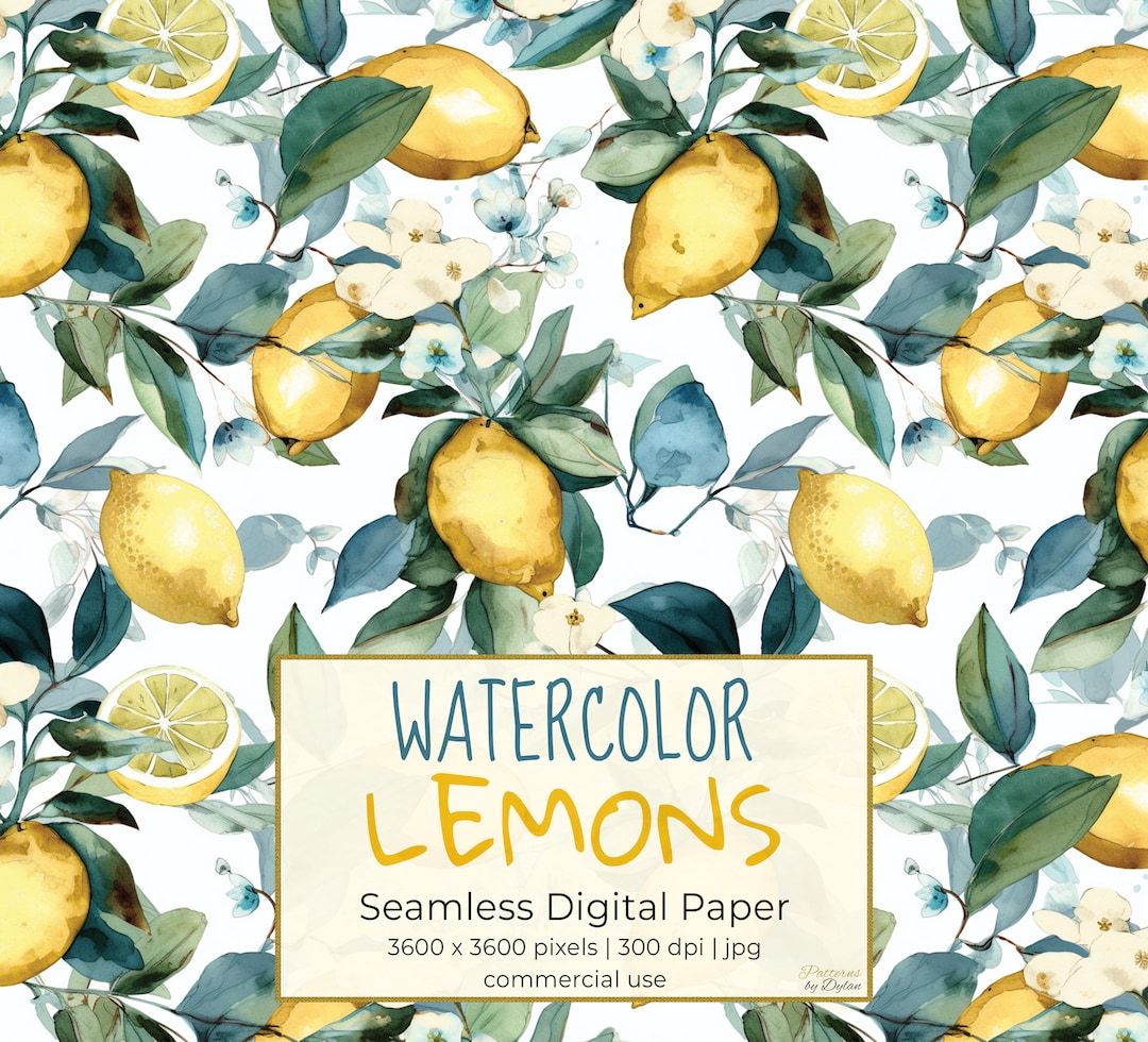 WATERCOLOR LEMONS, Citrus Fruit Seamless Repeat Pattern for Backgrounds ...