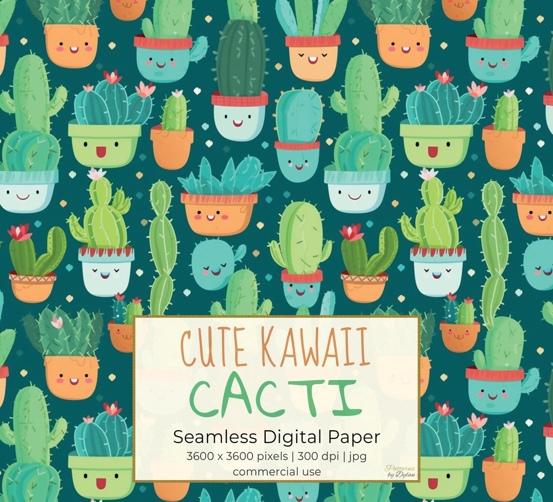 CUTE KAWAII CACTI, Seamless Hand Drawn Cactus Repeat Pattern for ...
