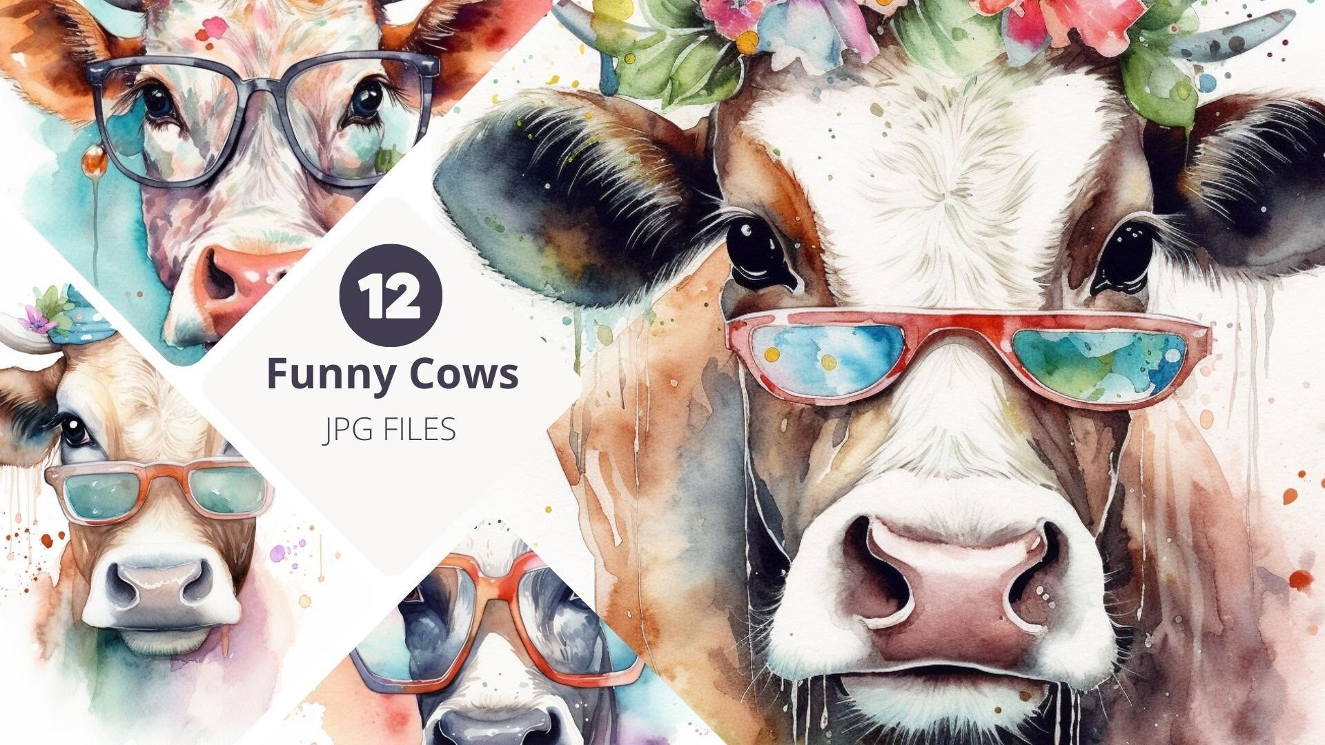 Funny Cows Illustrations Bundle, Set of 12 Watercolor Farm Cows Wearing ...