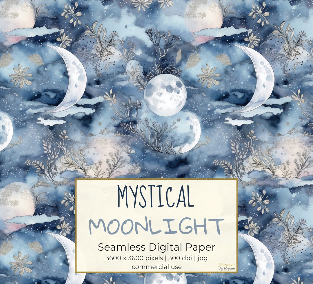 MYSTICAL MOONLIGHT Digital Paper, Watercolor Night Sky Seamless ...