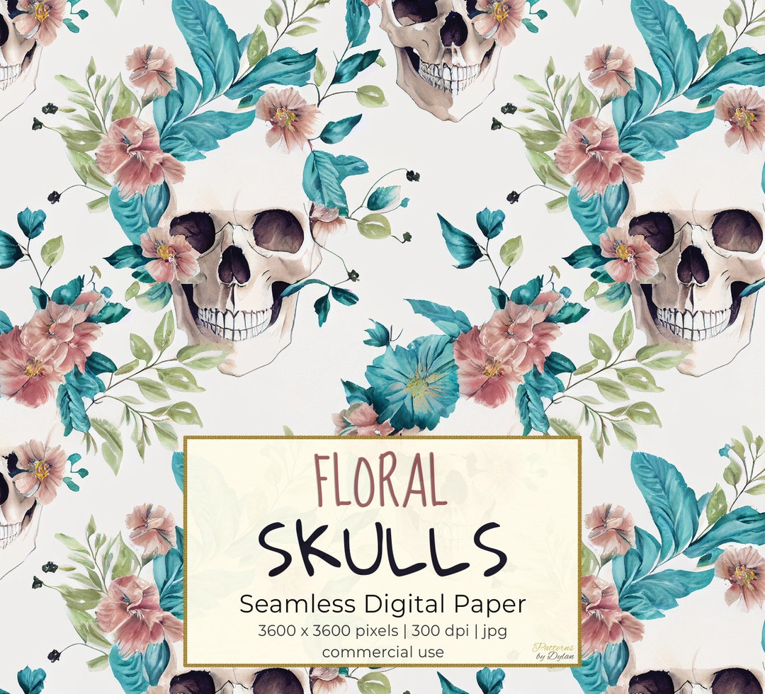 FLORAL SKULLS, Watercolor Human Skull Seamless Repeat Pattern for ...