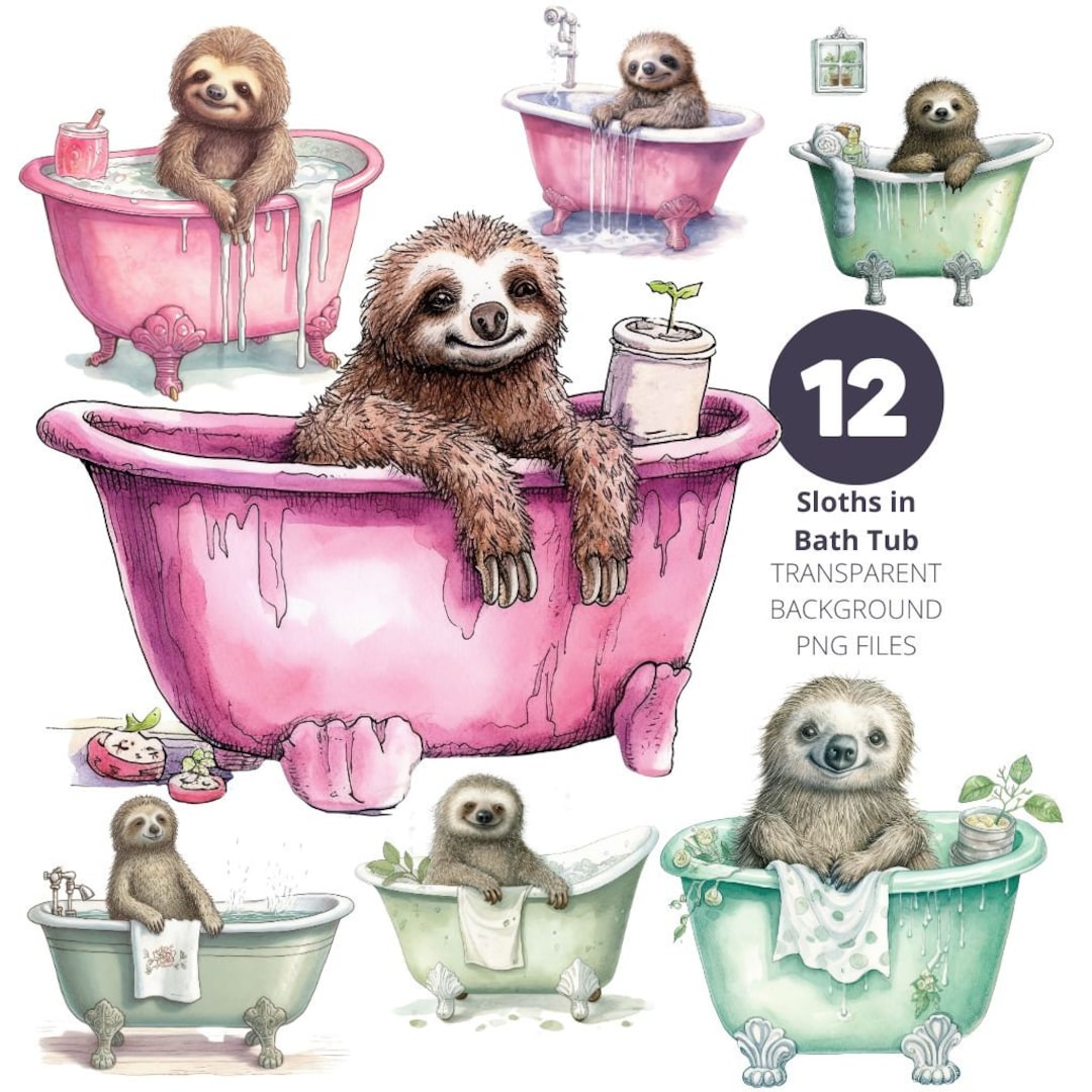 Cute Sloths in Bath Tubs Hand Drawn Illustrations Bundle, Set of 12 ...