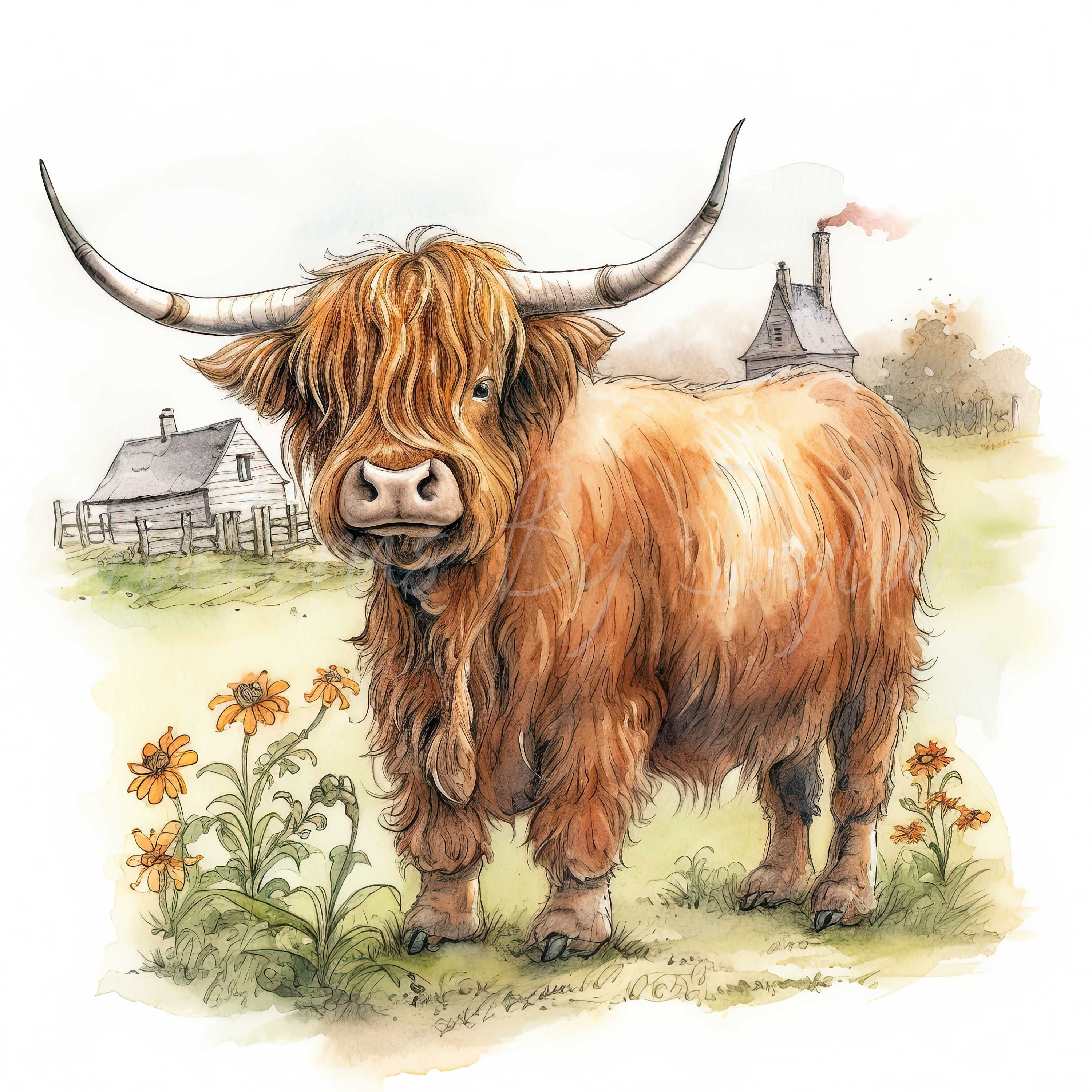 Highland Cows Hand Drawn Illustrations Bundle, Set of 12 Farm Cows Clip ...