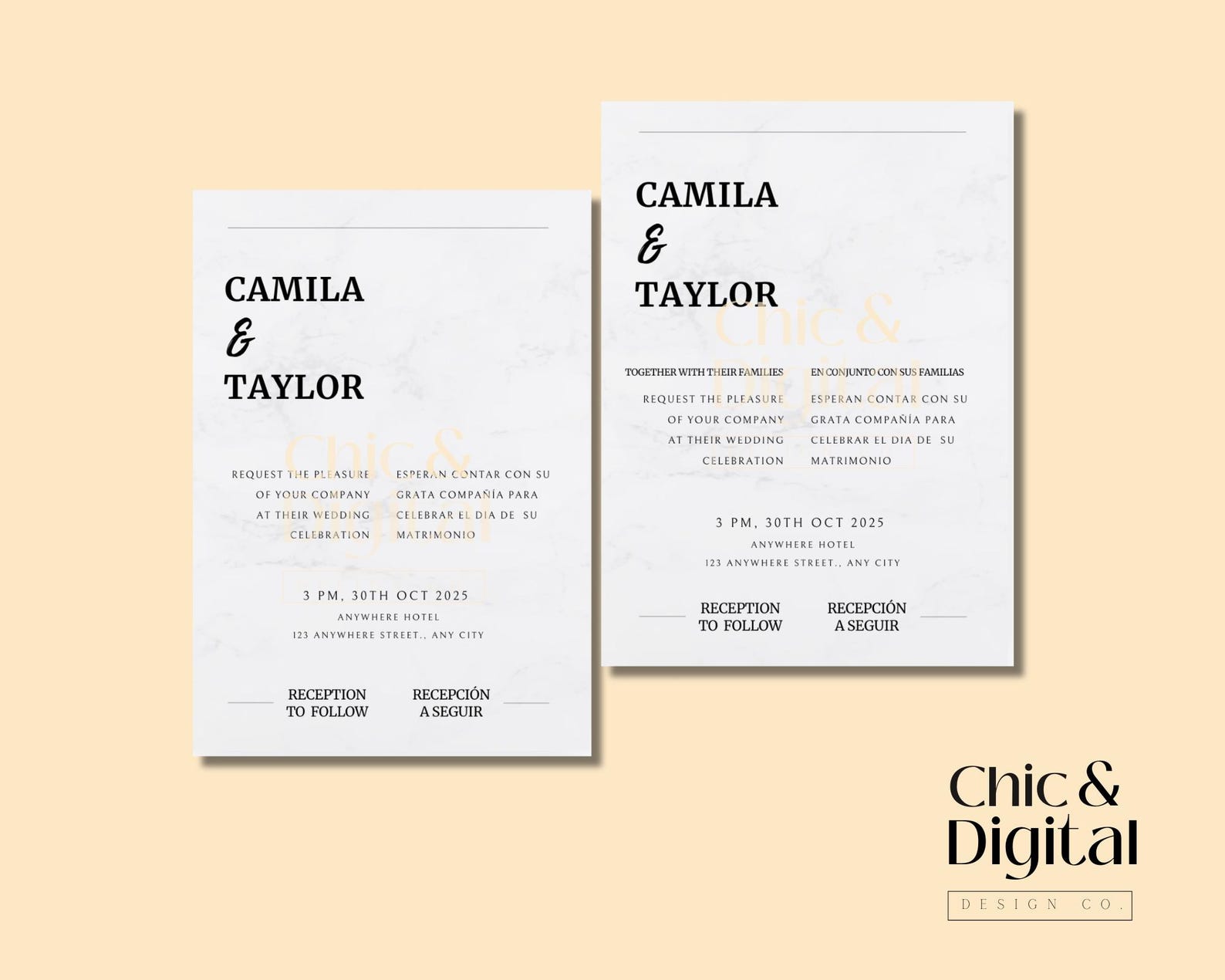 Minimalist Marble Wedding Invitation Bilingual English & Spanish ...