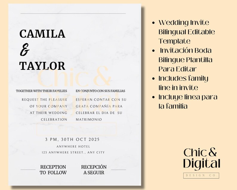 Minimalist Marble Wedding Invitation Bilingual English & Spanish ...