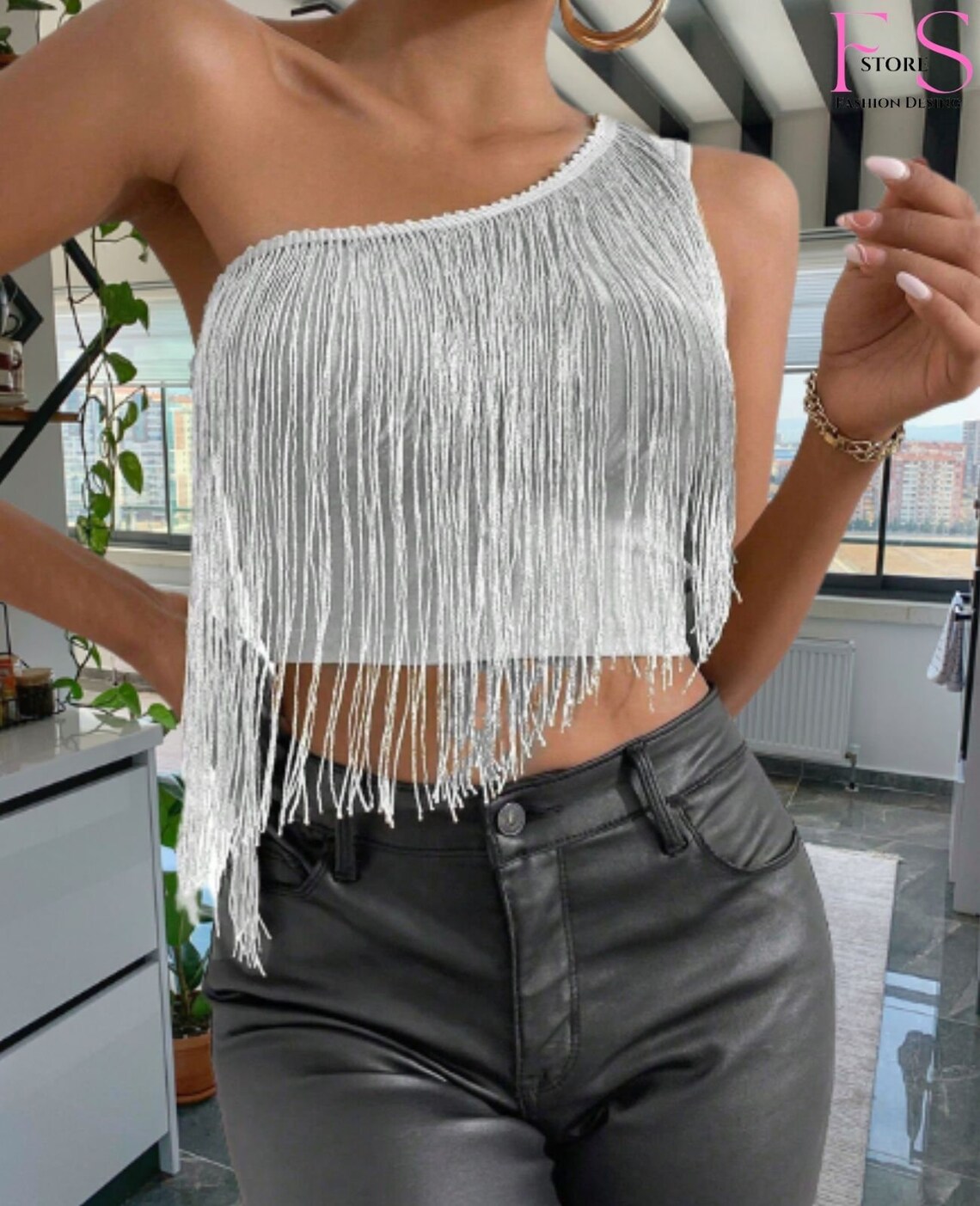 One Shoulder Top Fringe Trim Blouse Glitter Crop Top Sparkly Party Wear ...