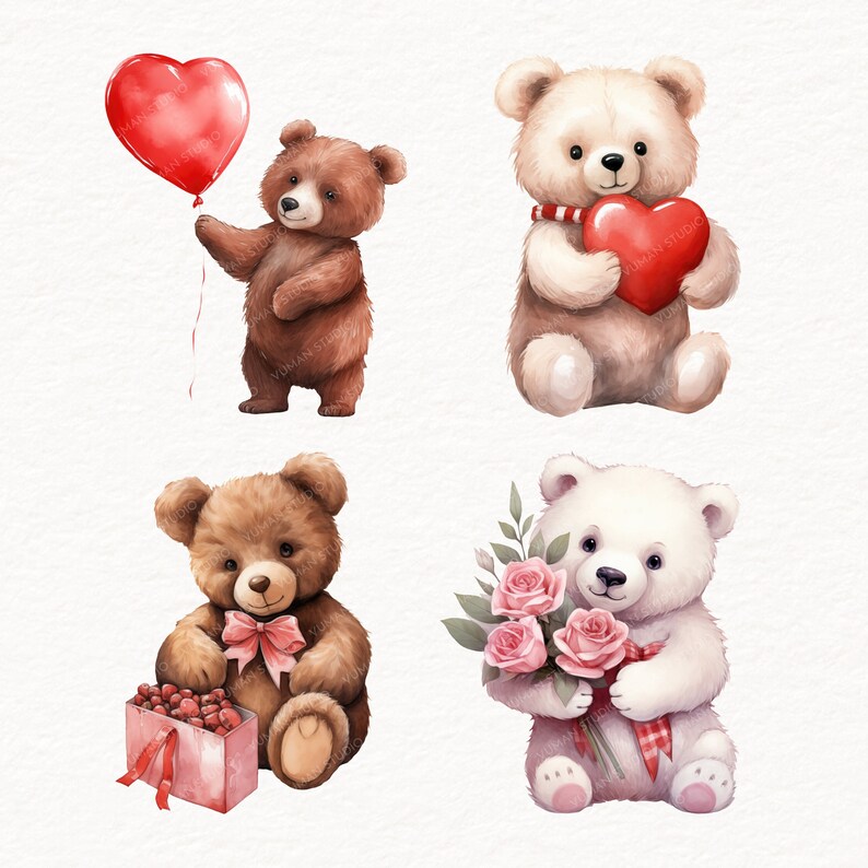 Valentines Bear | Watercolor Clipart Set | Valentine PNG | Cute ...