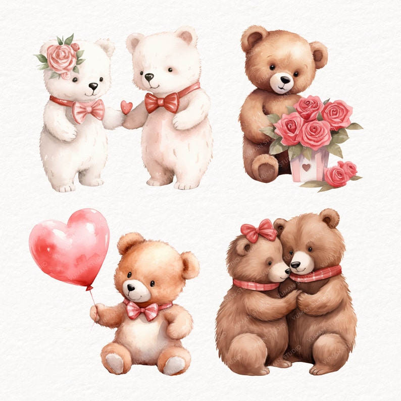 Valentines Bear Watercolor Clipart Set Valentine PNG Cute Illustation ...