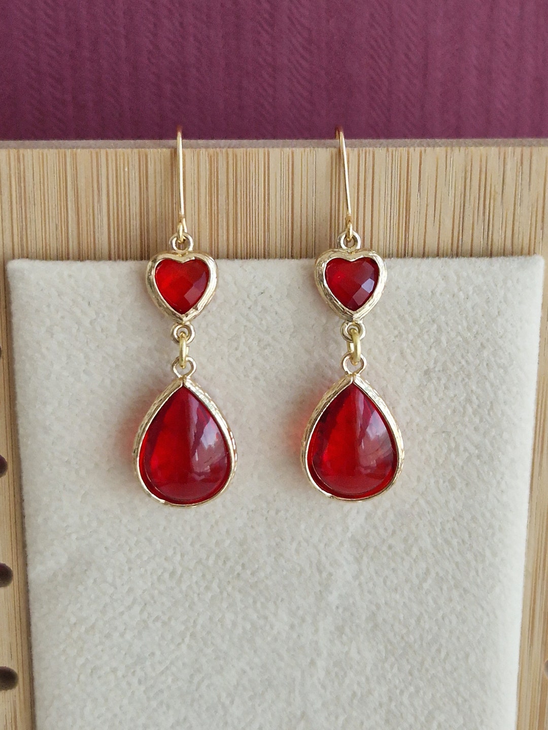 Gold Earrings, Ruby Red, Crystal Drop Earrings, Heart Earrings, Red ...