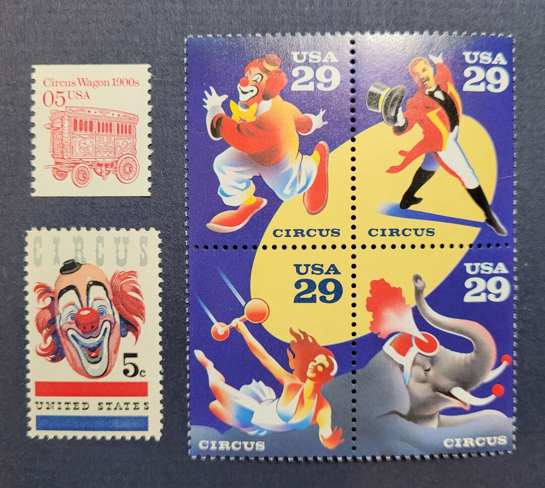 CIRCUS STAMPS Colorful Set of 6 Vintage U.S. Postage Stamps. Mint ...