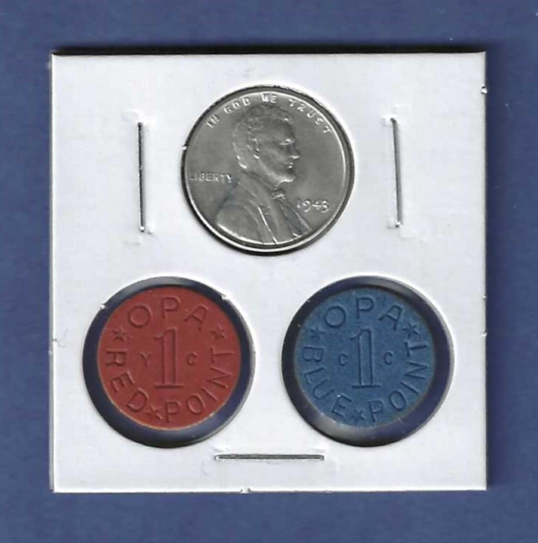 Original World War II Steel Penny + Blue and Red OPA Food Ration Tokens ...