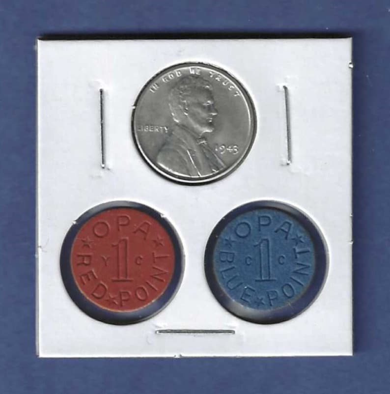 Original World War II Steel Penny + Blue and Red OPA Food Ration Tokens ...