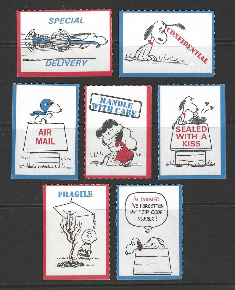 PEANUTS / SNOOPY - Complete Set of 7 Vintage Postal Stickers - Etsy