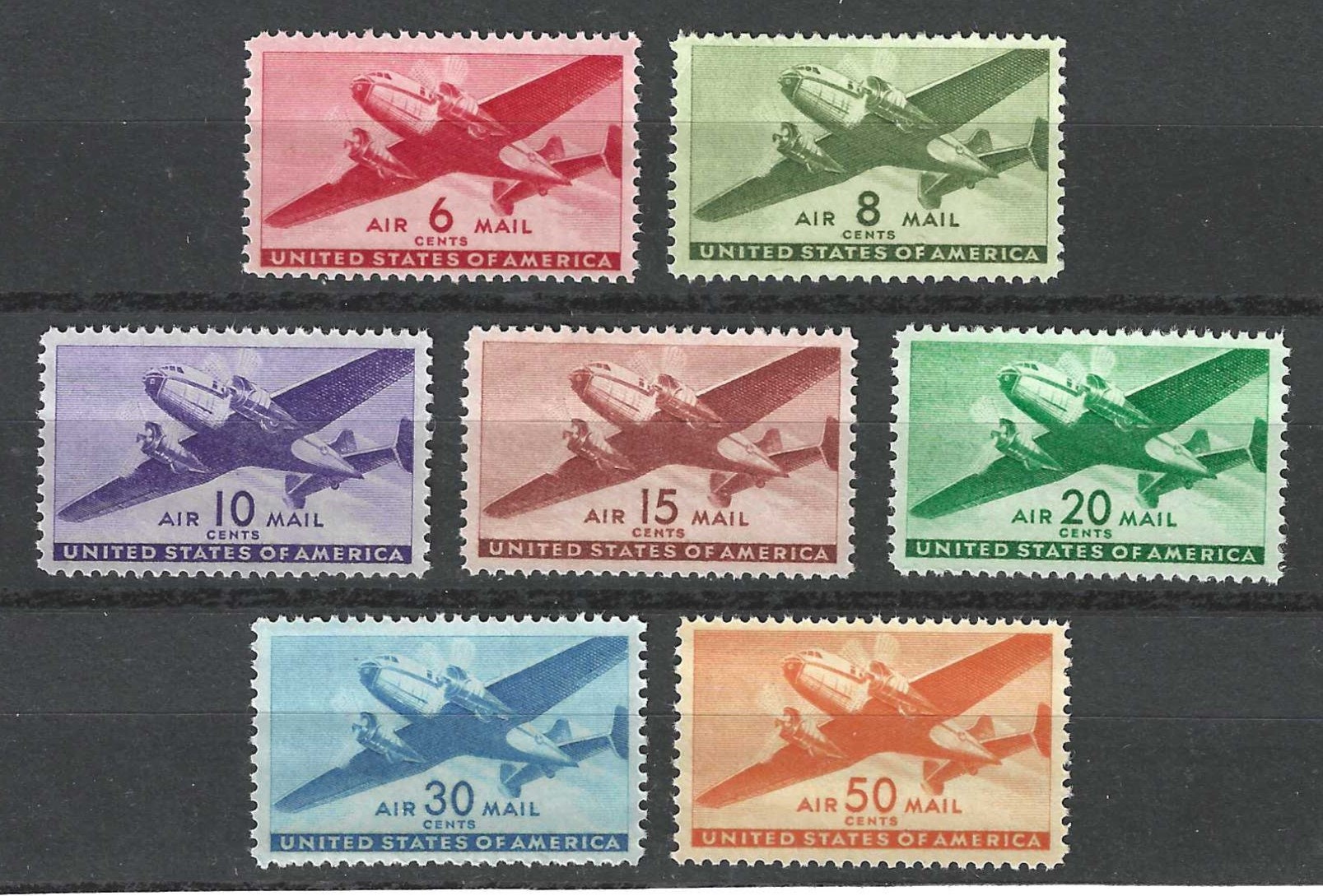 WWII AIRMAIL STAMPS Complete Set of 7 Original World War 2 Airmail U.S ...