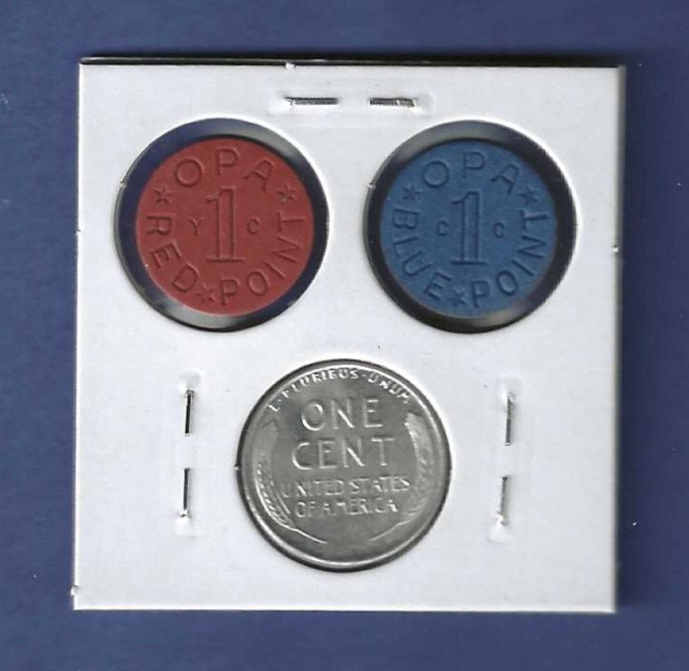 Original World War II Steel Penny + Blue and Red OPA Food Ration Tokens ...