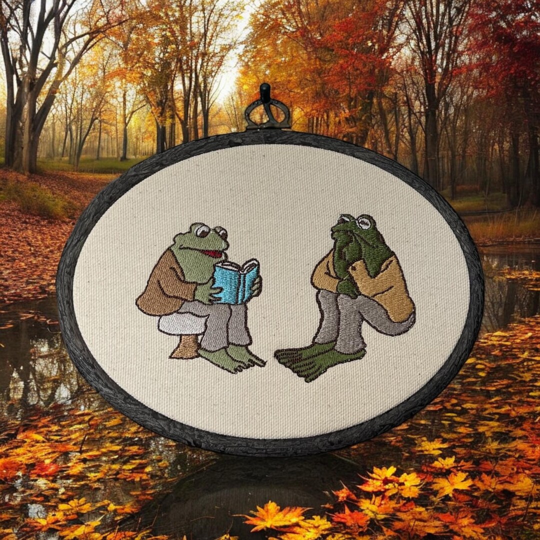 Frog and Toad Reading Finished Embroidery Hoop Wall Hanging, Frog an ...