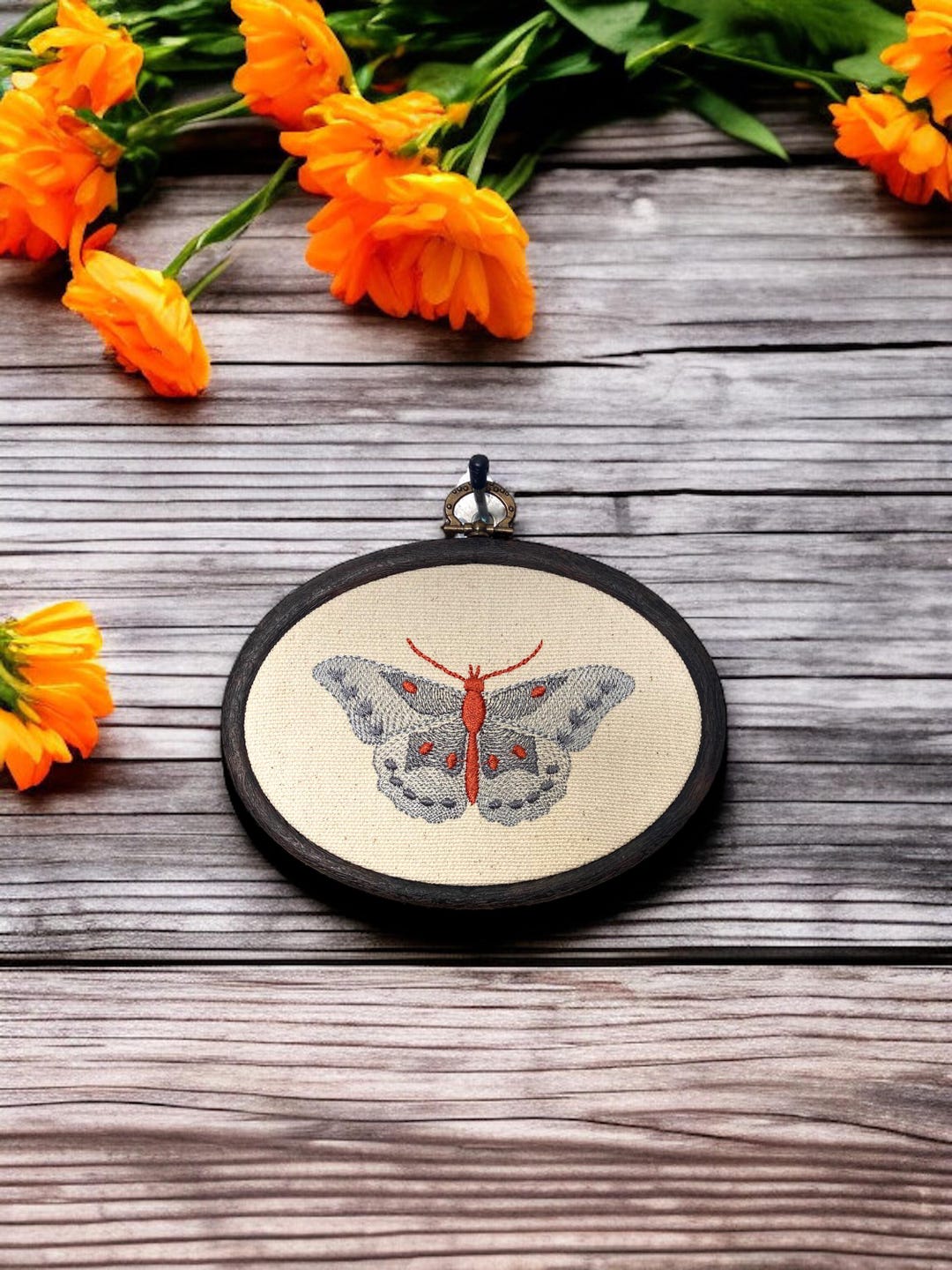 Moth Butterfly Embroidered Hoop Art, Oval Wall Decor, Colorful Nursery ...