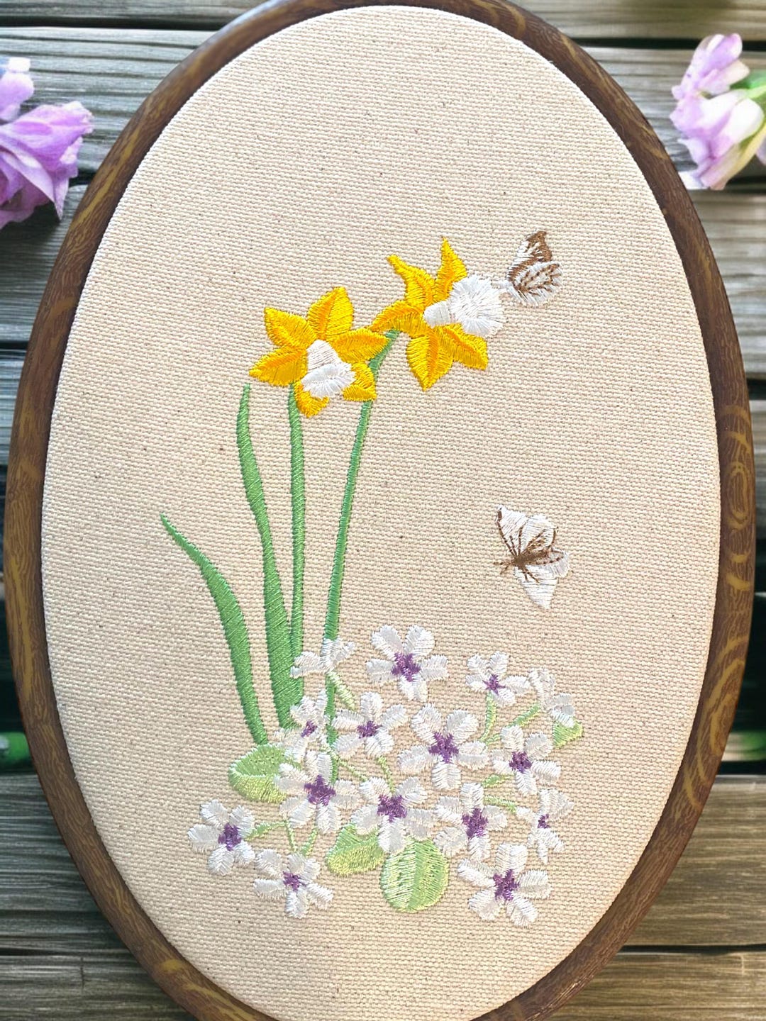 Daffodils & Butterflies Finished Embroidered Hoop Wall Art, Floral ...