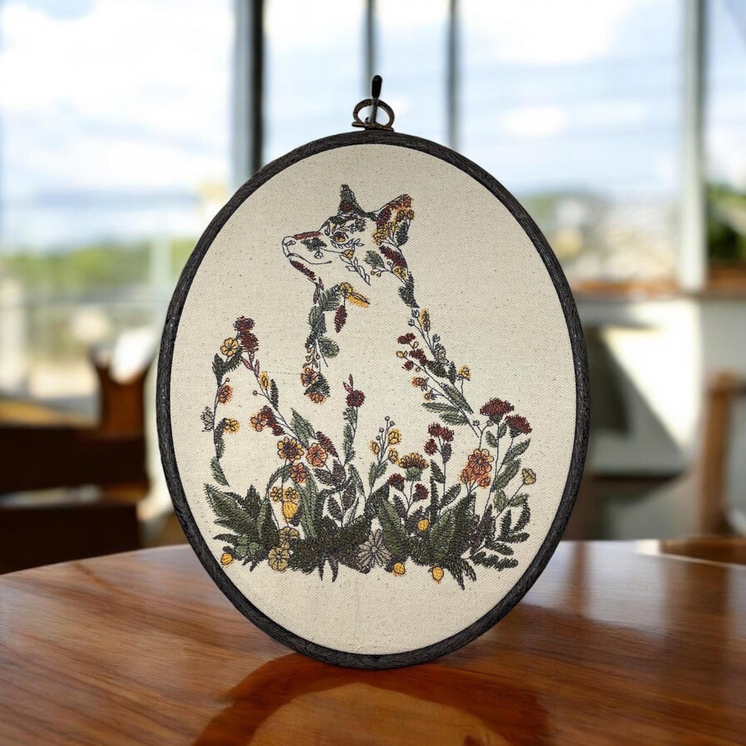 Botanical Fox Finished Embroidery Hoop Wall Hanging, Embroidered Fox ...