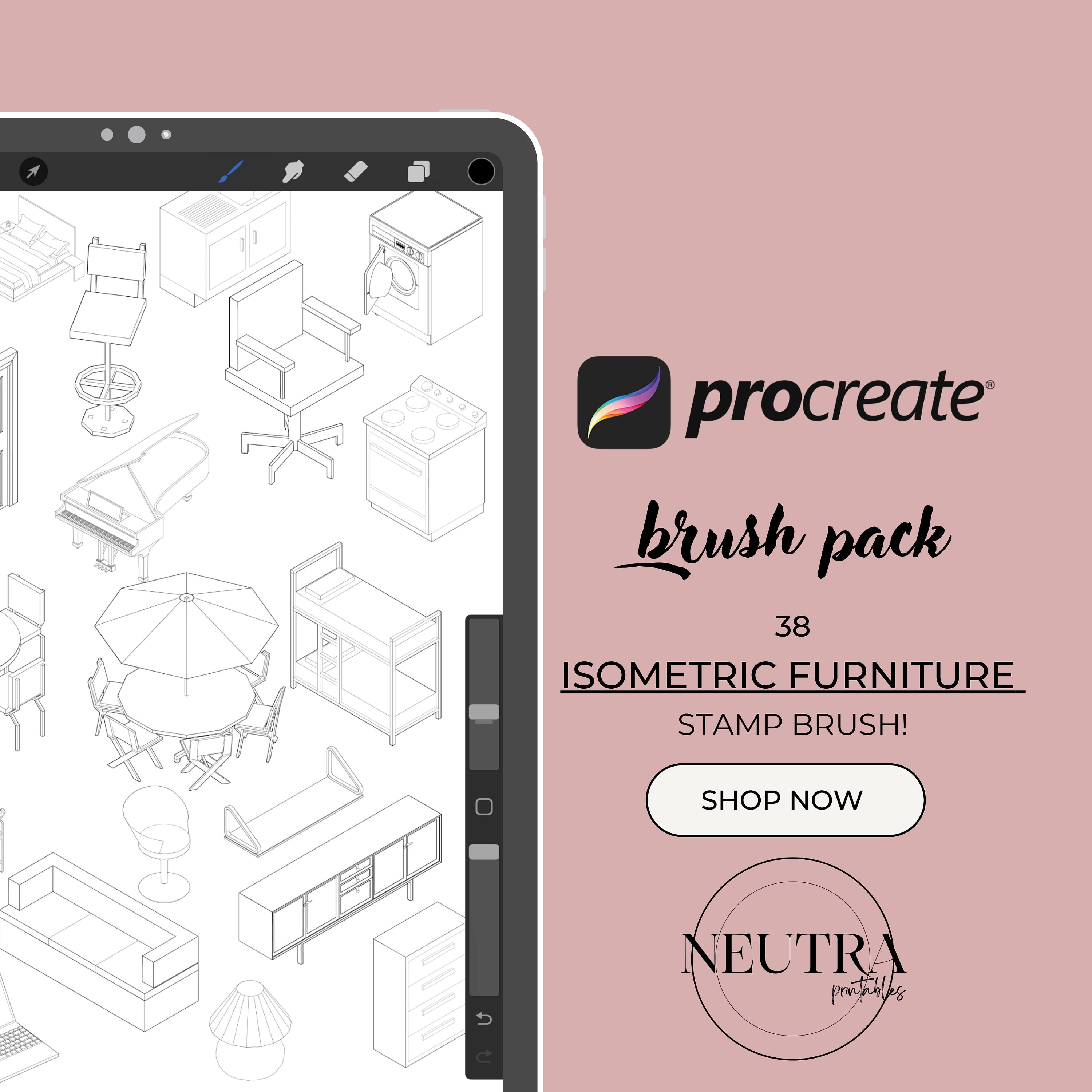 Procreate Isometric Furniture Stencil Axonometric Furniture Stamp ...