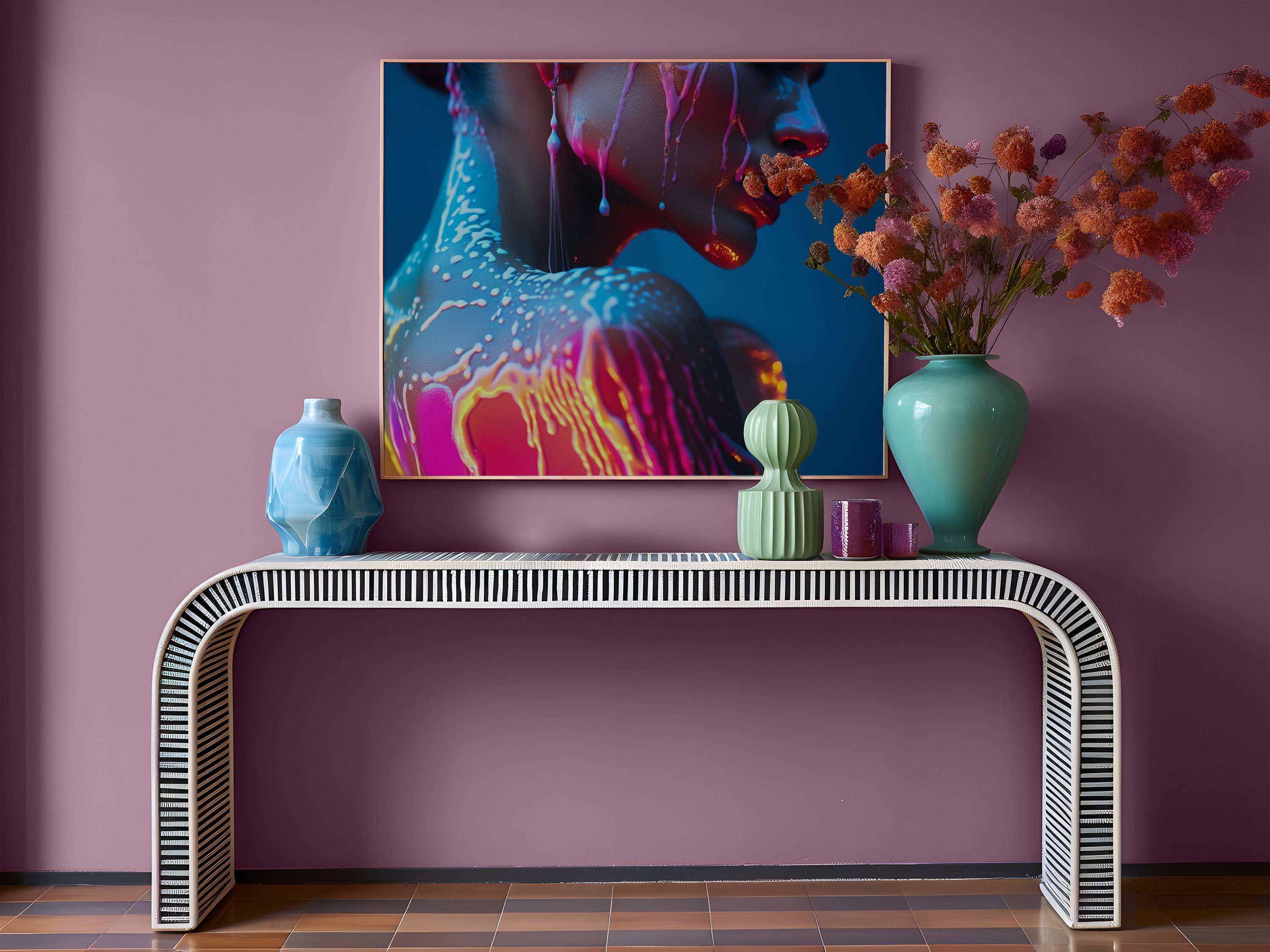 Neon Drip Portrait Futuristic Abstract Art Print, Vibrant Digital Wall ...