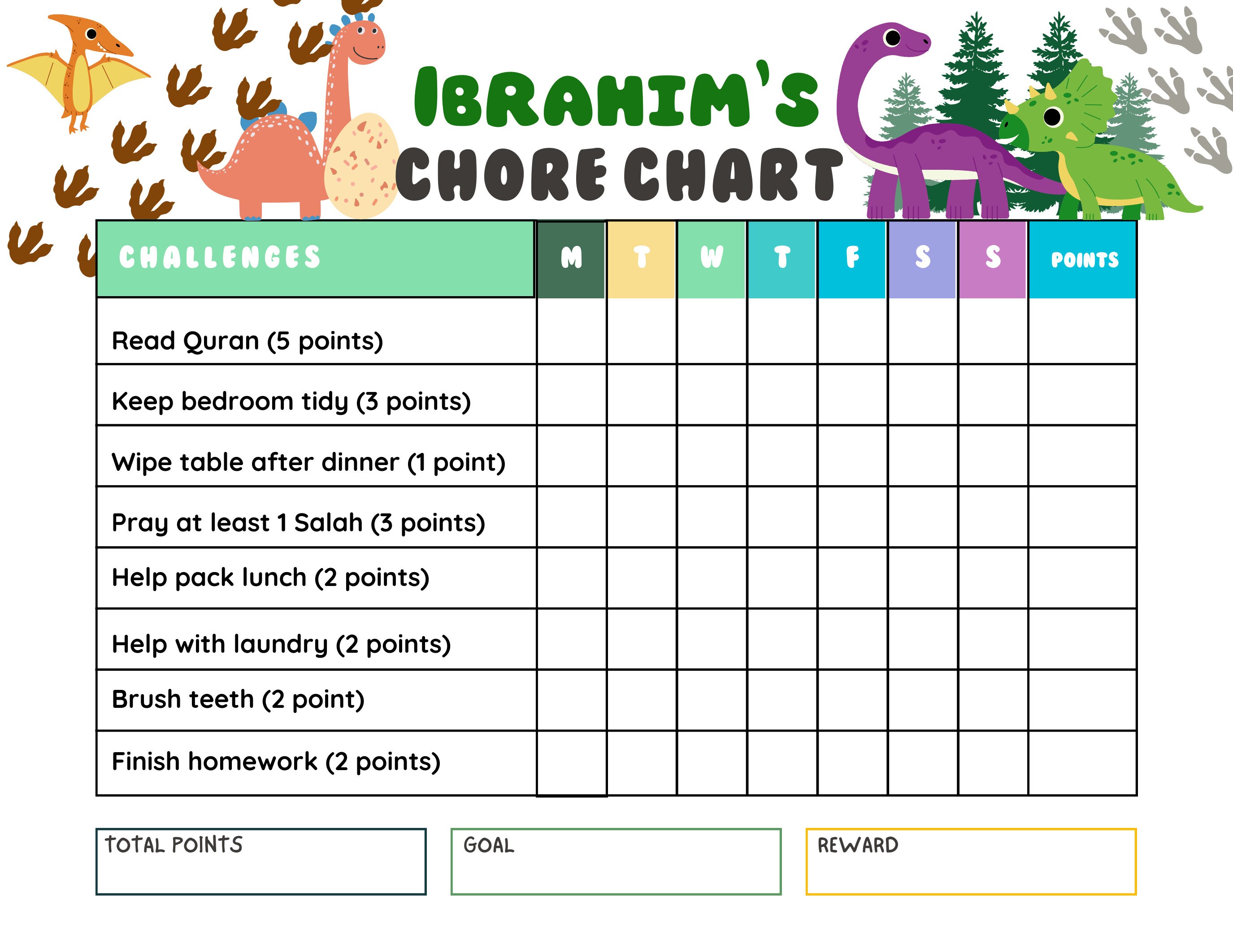 Chore Chart for MUSLIMS Kids, Dinosaur Reward Chart, Cars Boy's ...