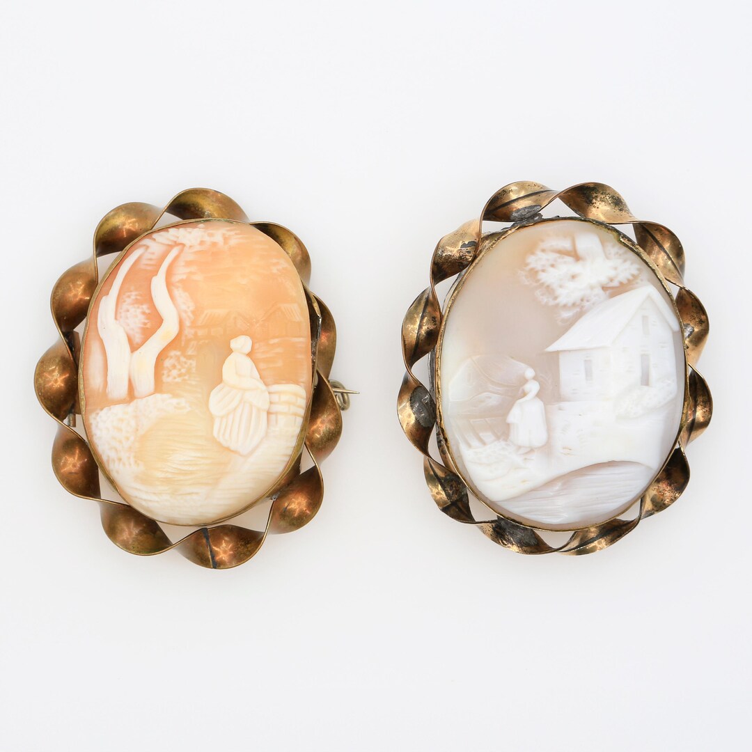 Antique Victorian Rebecca at the Well Hand-carved Cameo GF Brooch Pair ...