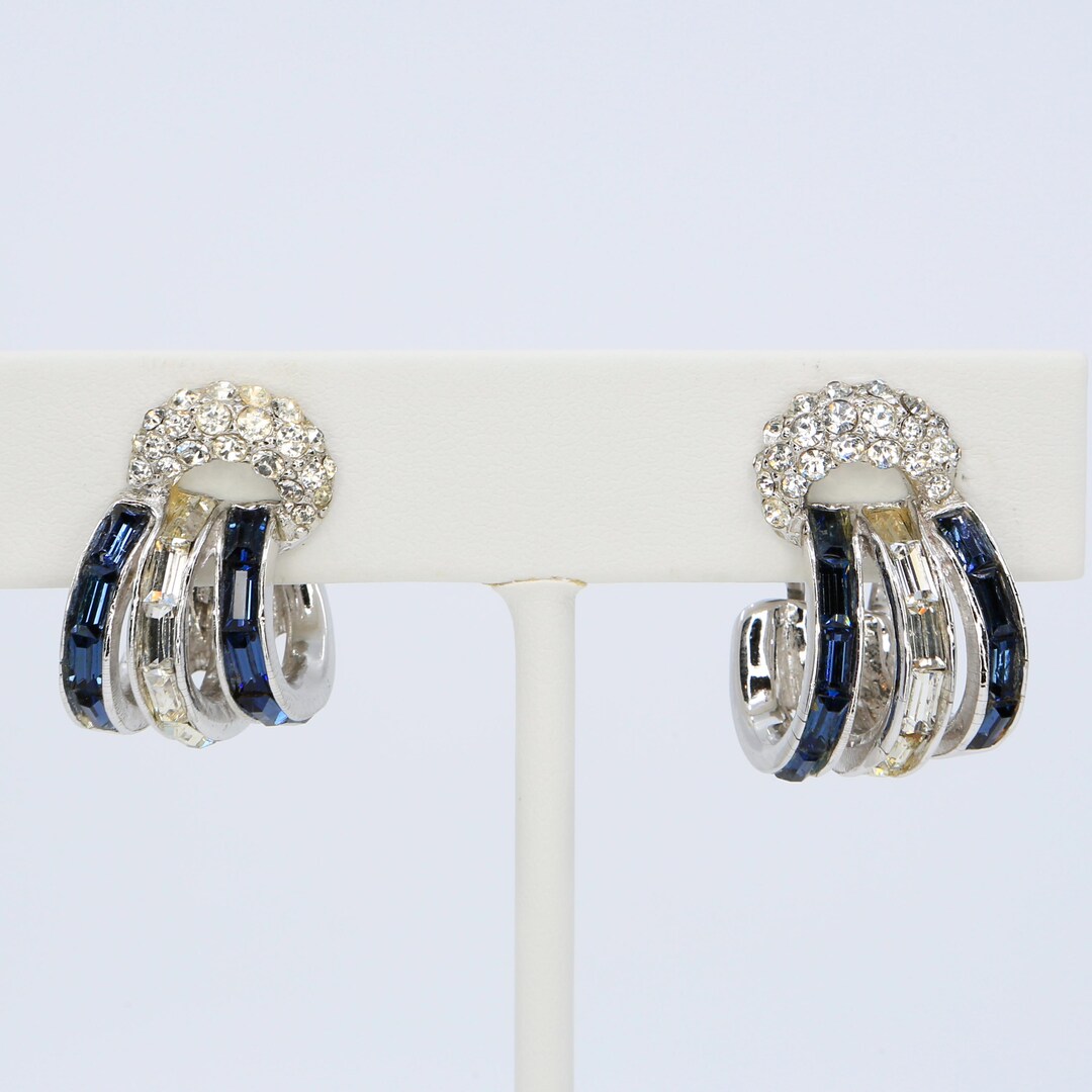 Vintage Boucher Phrygian Cap Blue and Crystal Baguettes Hoop Earrings ...