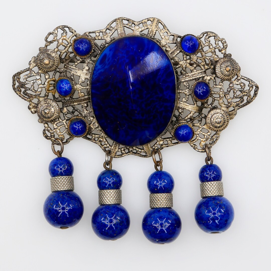 Vintage Dark Blue Sparkly Art Glass Filigree Czech Brooch Beaded ...