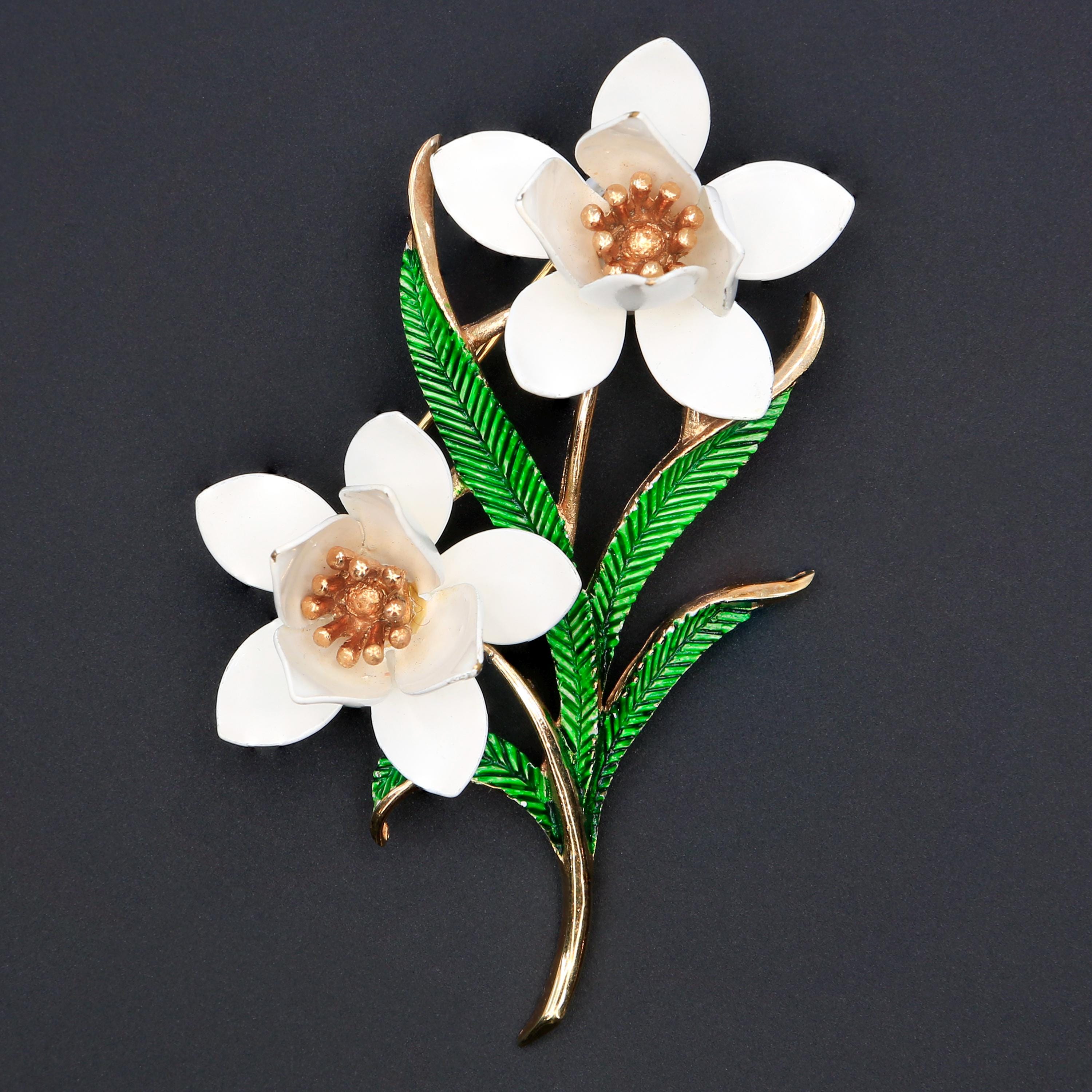 Vintage Crown Trifari Gold Plated Enamel Flowers and Leaves Brooch ...