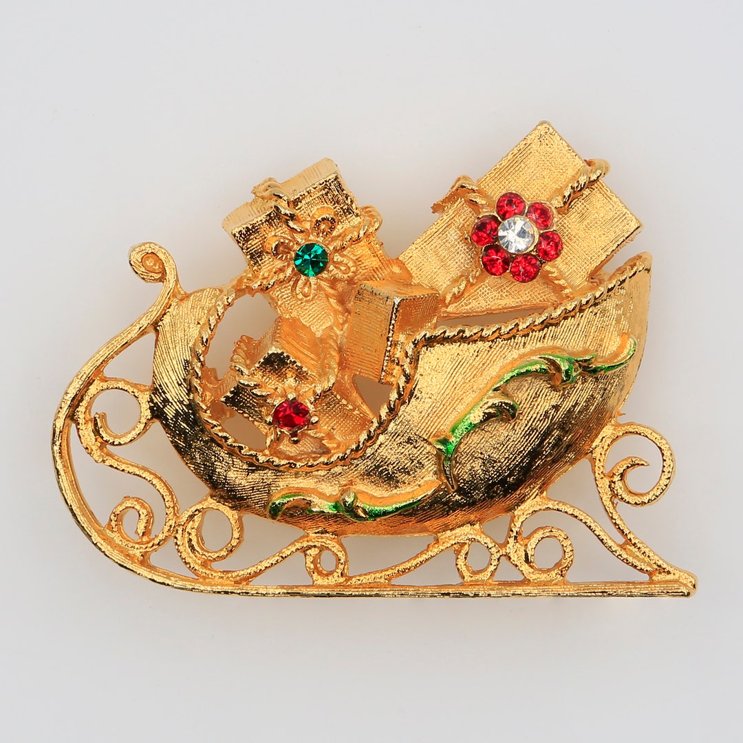 Vintage MYLU Santas Sleigh With Christmas Packages Rhinestone Brooch ...