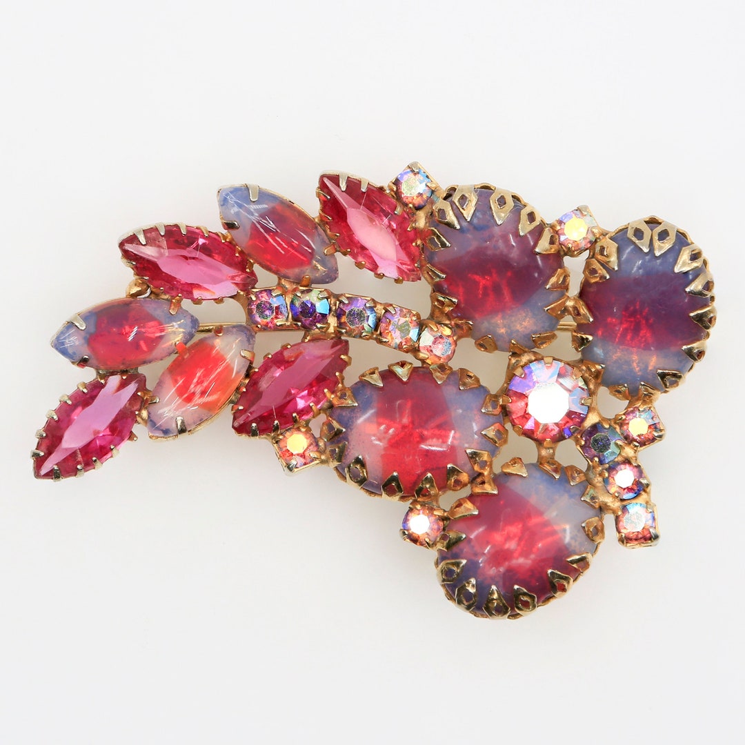 Vintage Pink and White Sabrina, Pink, and AB Rhinestones Leaf Brooch ...
