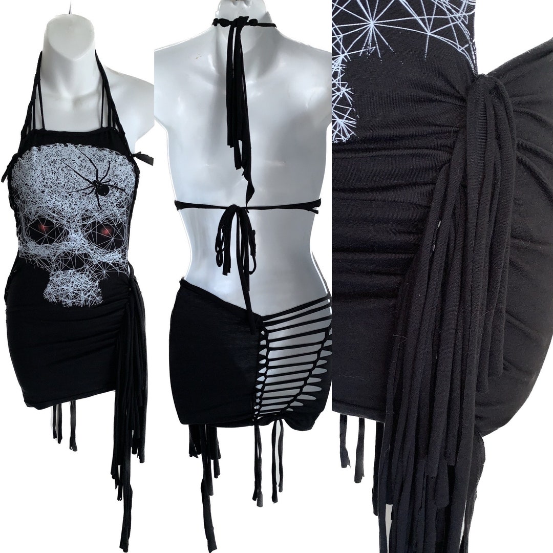 Goth Spiderweb Skull Spider Backless Retro Slit Weave Fringe Halter ...