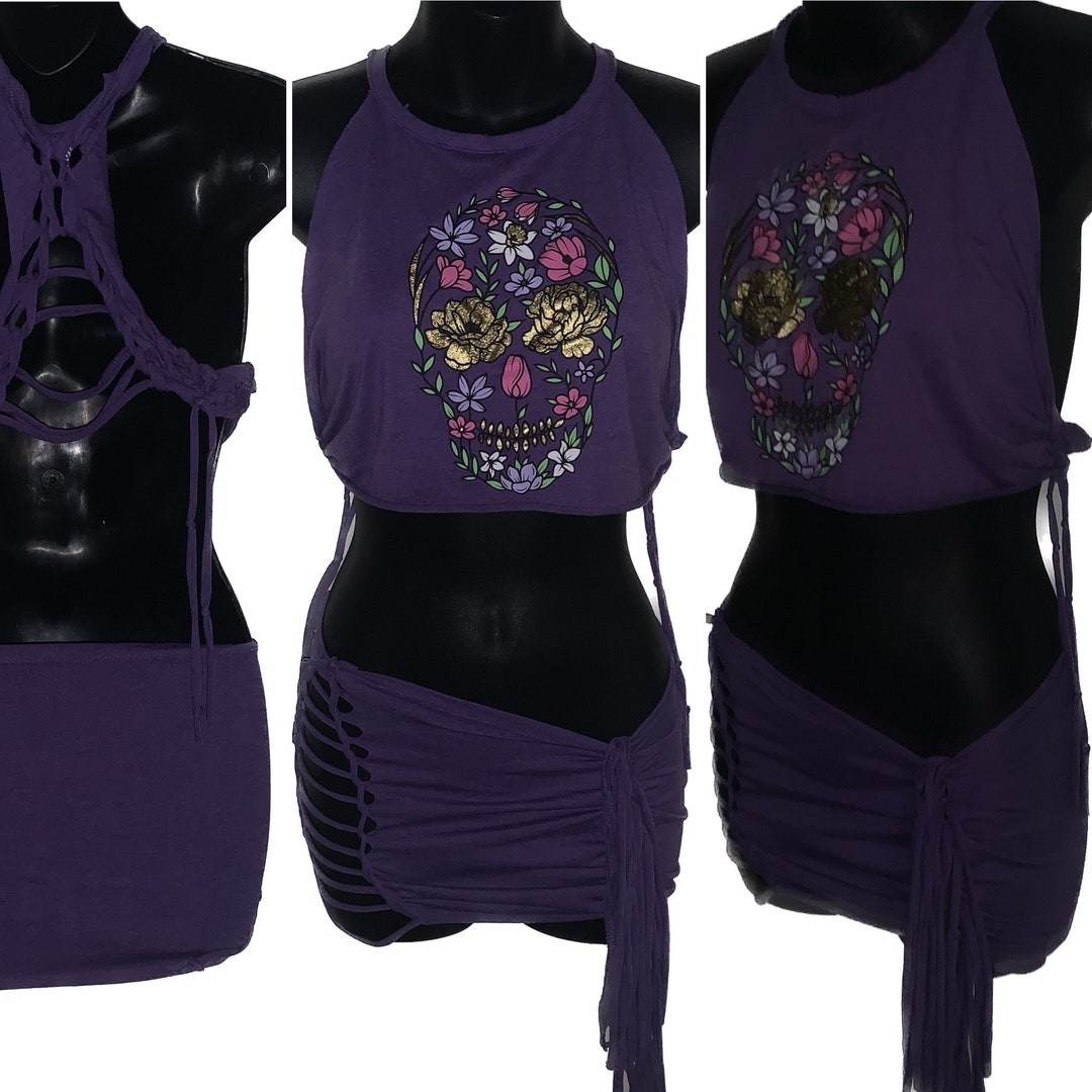 Sugar Skull Shredded Backless Gold Metallic Graphic Fringe 2 Pc Set - Etsy