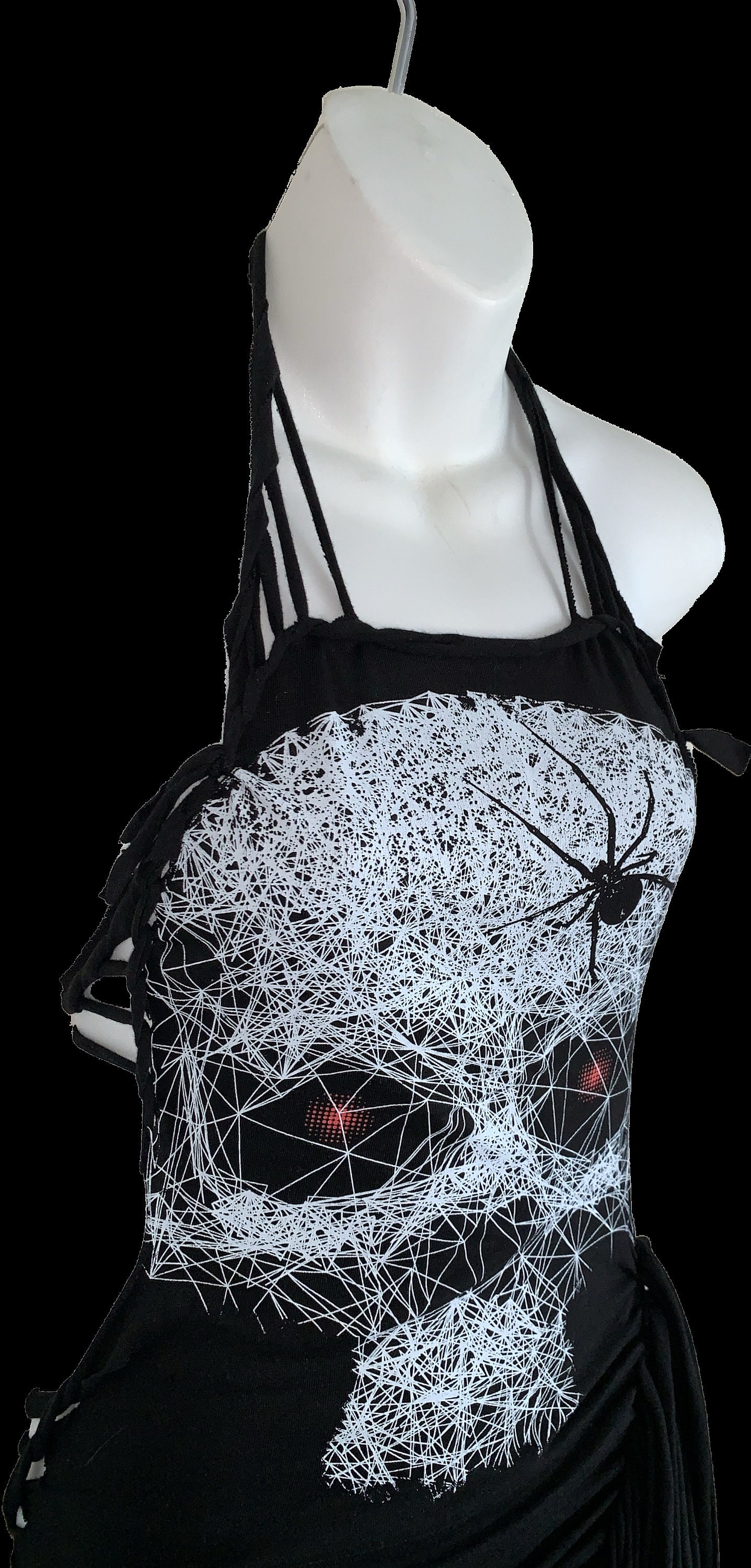 Goth Spiderweb Skull Spider Backless Retro Slit Weave Fringe Halter ...