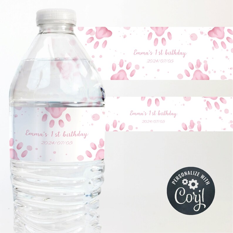 Editable Water Bottle Label, Kids Birthday Party Decor With Cute Pink ...