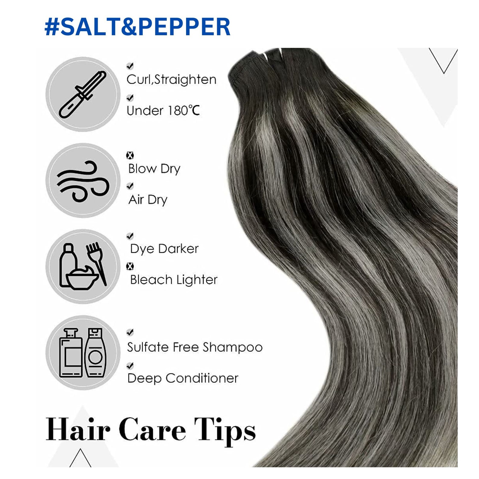 100% Human Hair Salt&pepper Real Remy Hair Clip-in Human Hair ...